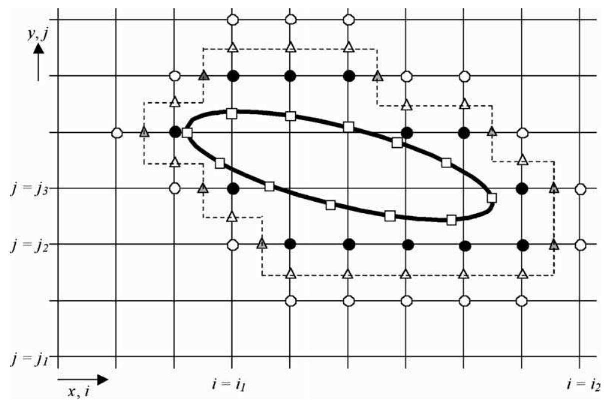 2d schematic of an immersed boundary in a cartesian grid.