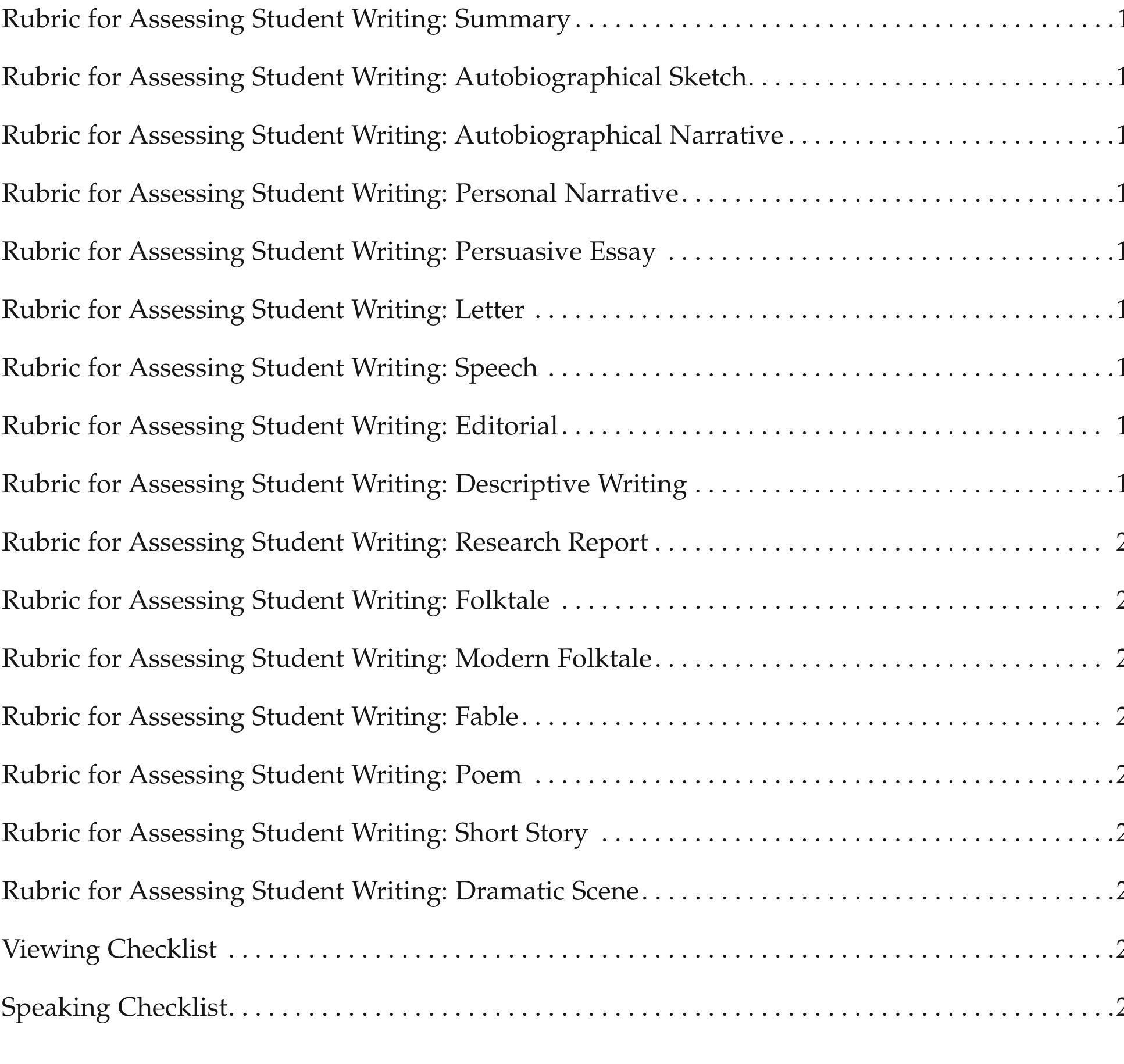 Table 1 - Rubrics for Assessing Student Writing, Listening,
