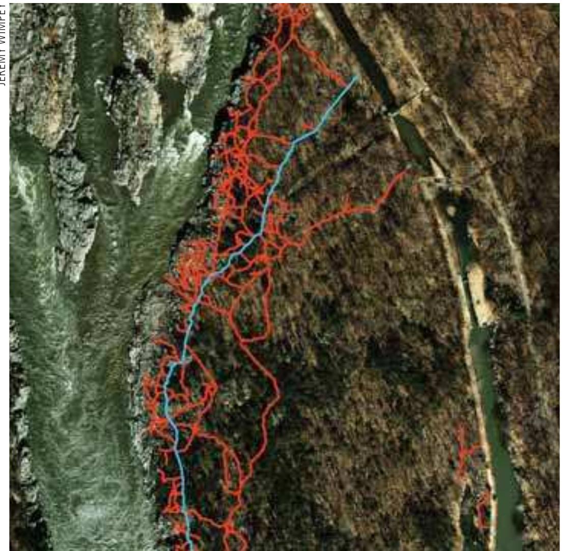 A trimble gps was used to map all formal trails (blue) and