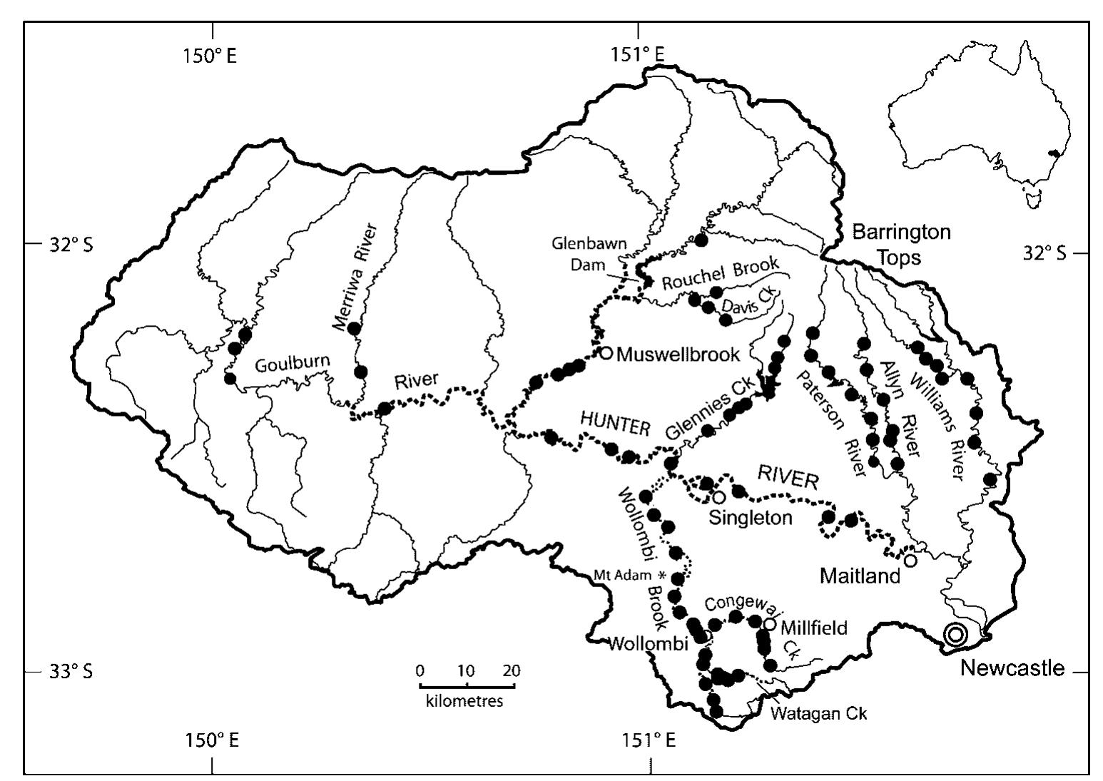 Diagram of the hunter river catchment showing the major
