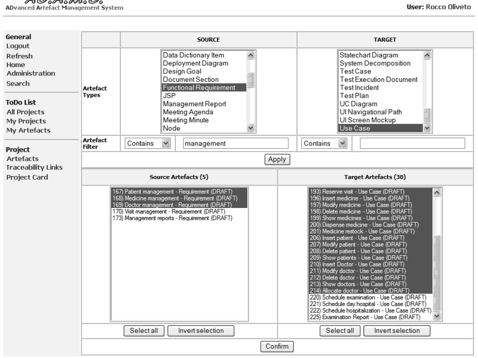 Selection of source and target artifacts for traceability