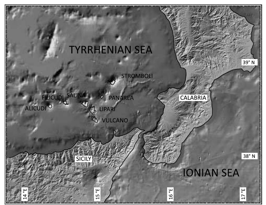 Shaded relief map of the southern tyrrhenian sea. volcanoes