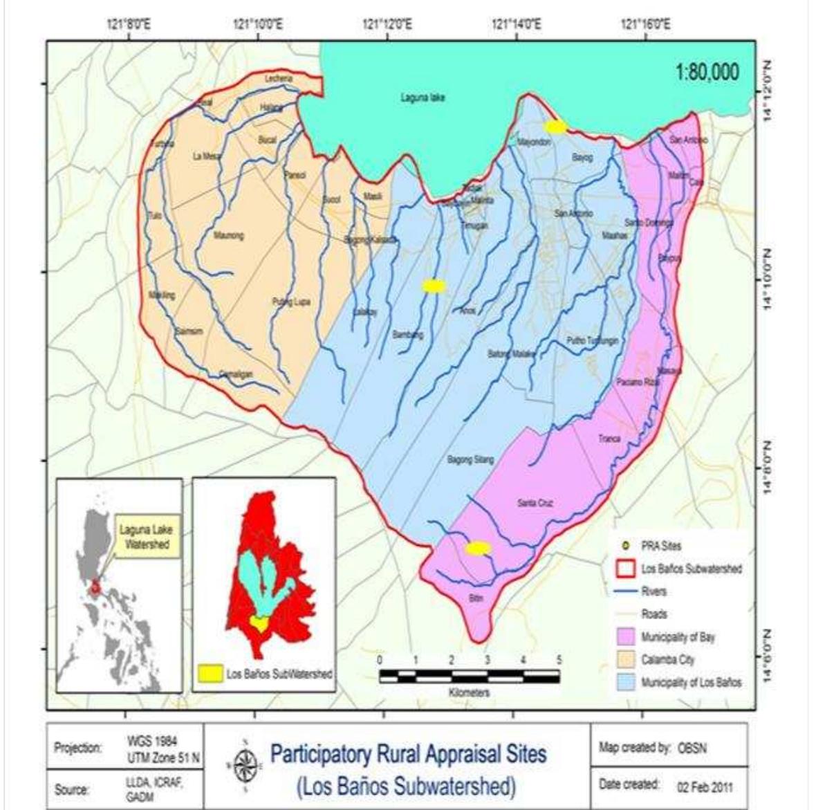 The los bafos subwatershed showing the different pra sites