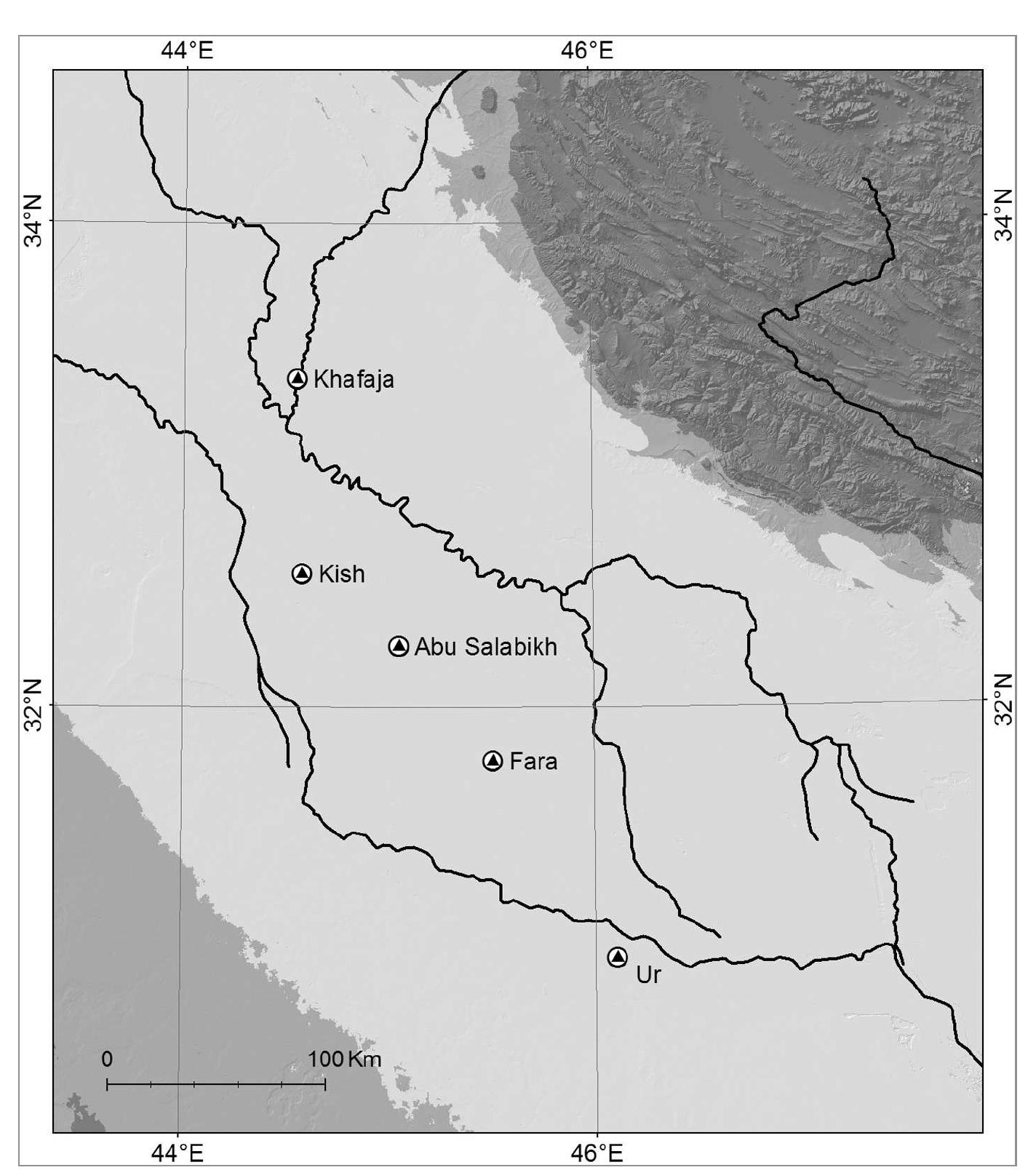 Map of southern mesopotamia showing the sites cited in the