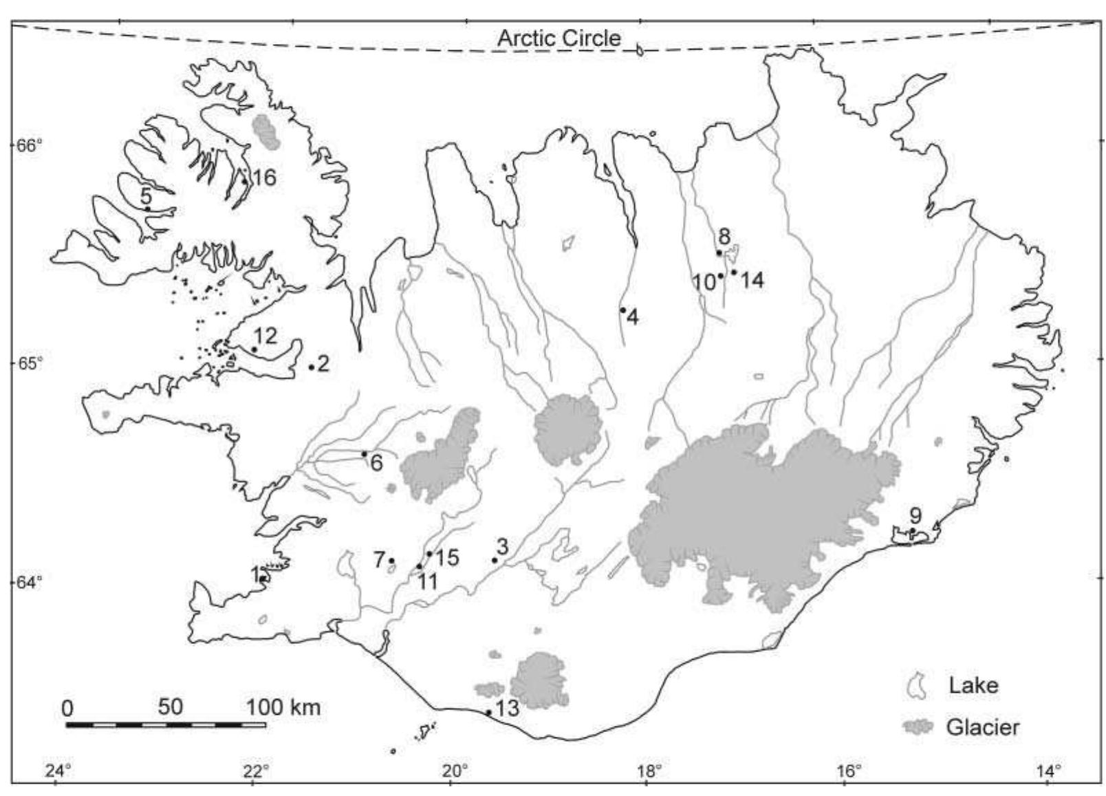 Map of iceland, showing the locations of all pit houses