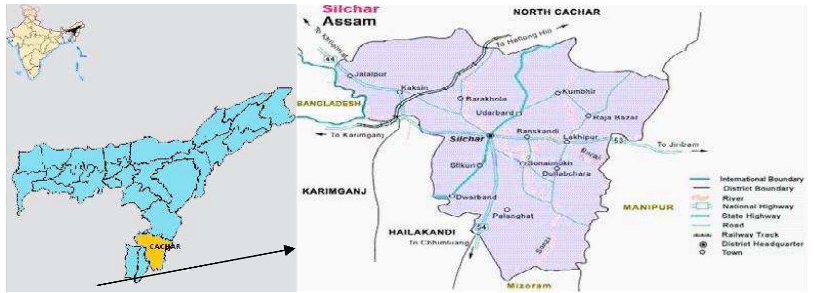 Map of district cachar, assam showing the city silchar ponds