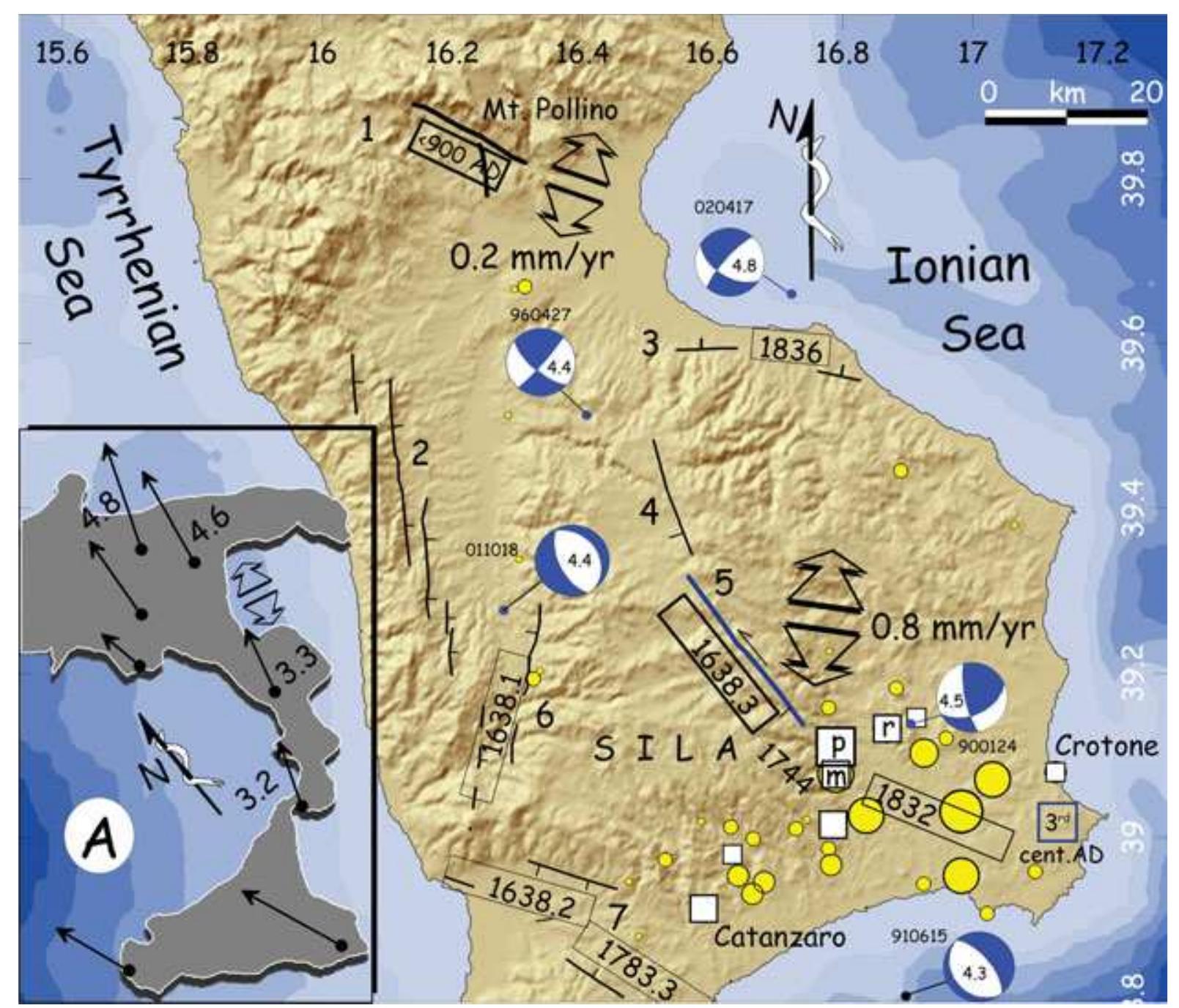 Shaded relief map of northern calabria showing the primary