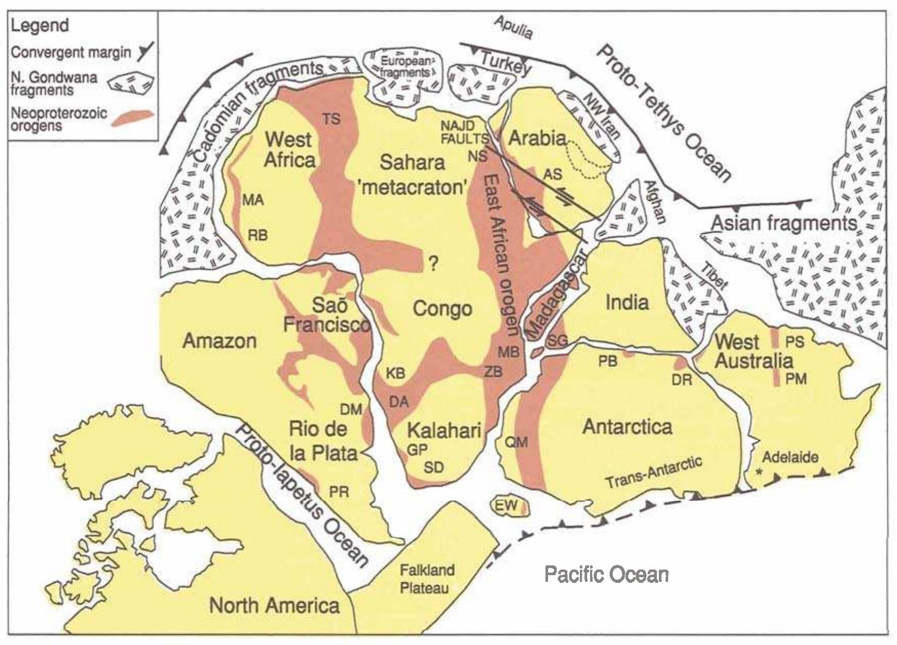 Map of gondwana at the end of neoproterozoic time (~540 ma)