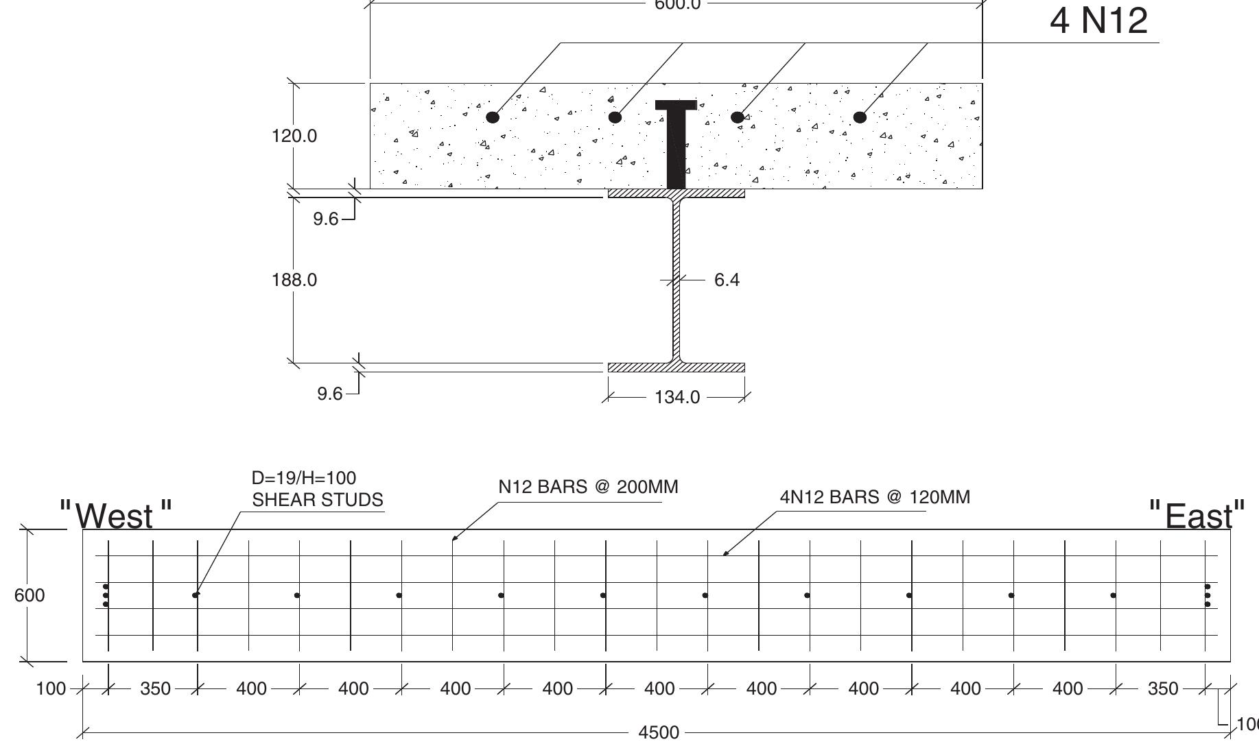 Composite beam cross-section (dimensions in mm) and plan