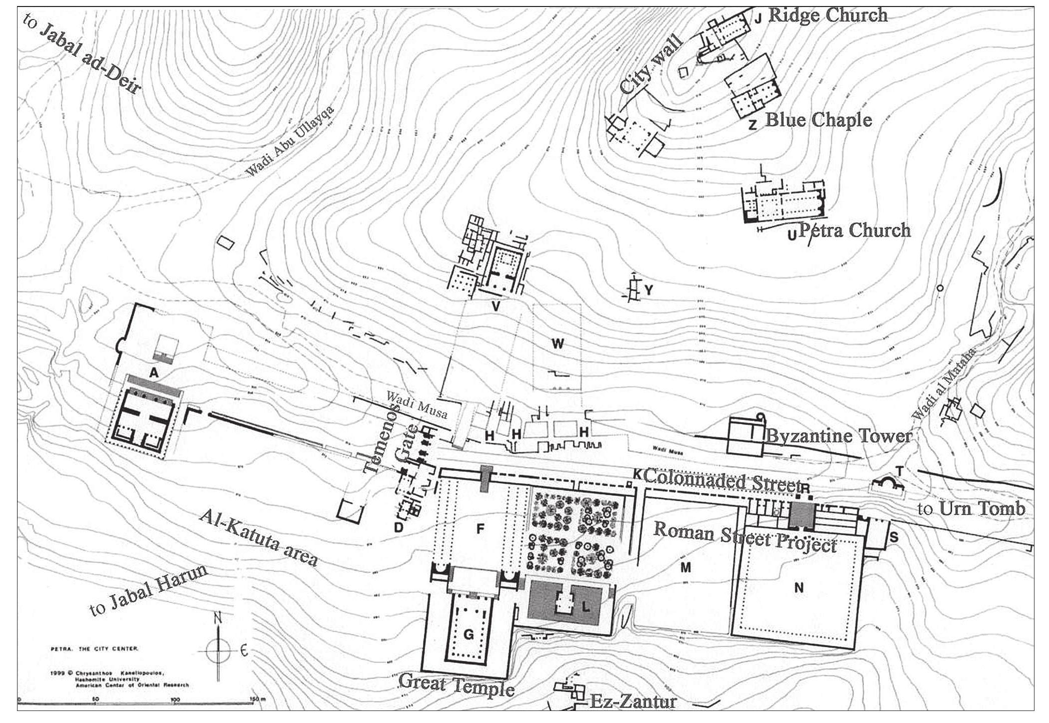 Map of the old city of petra with the main archaeological