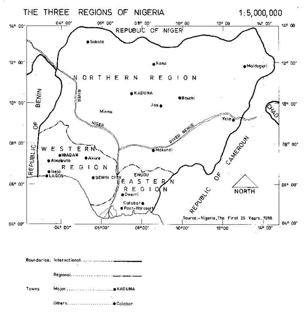 Three regions of nigeria at political independence in 1960