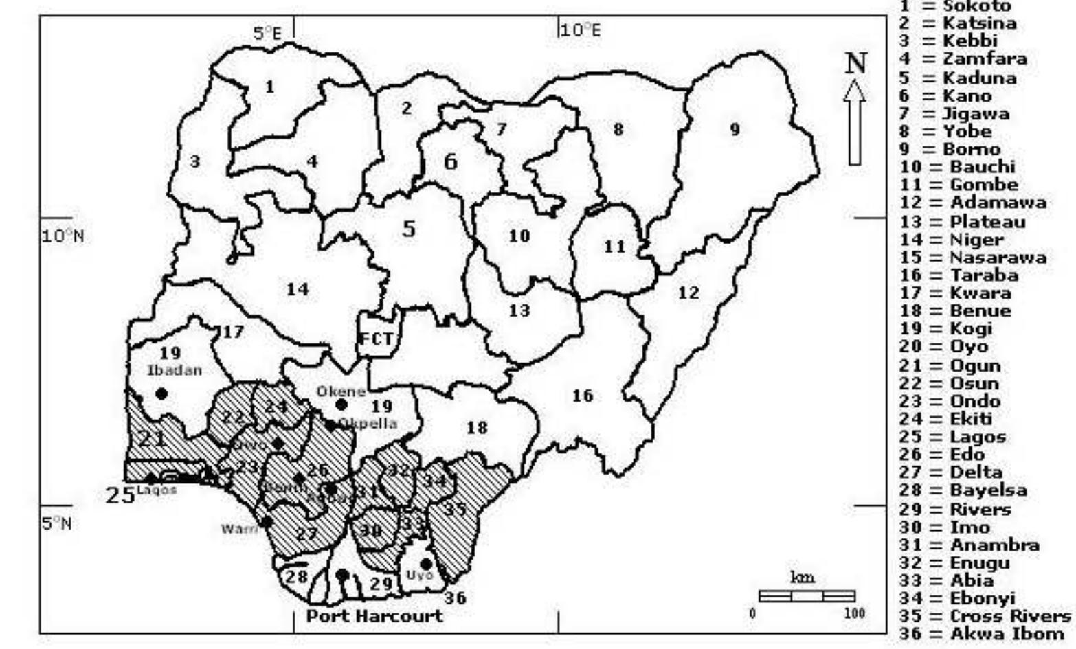 Political map of nigeria showing 36 states and the federal