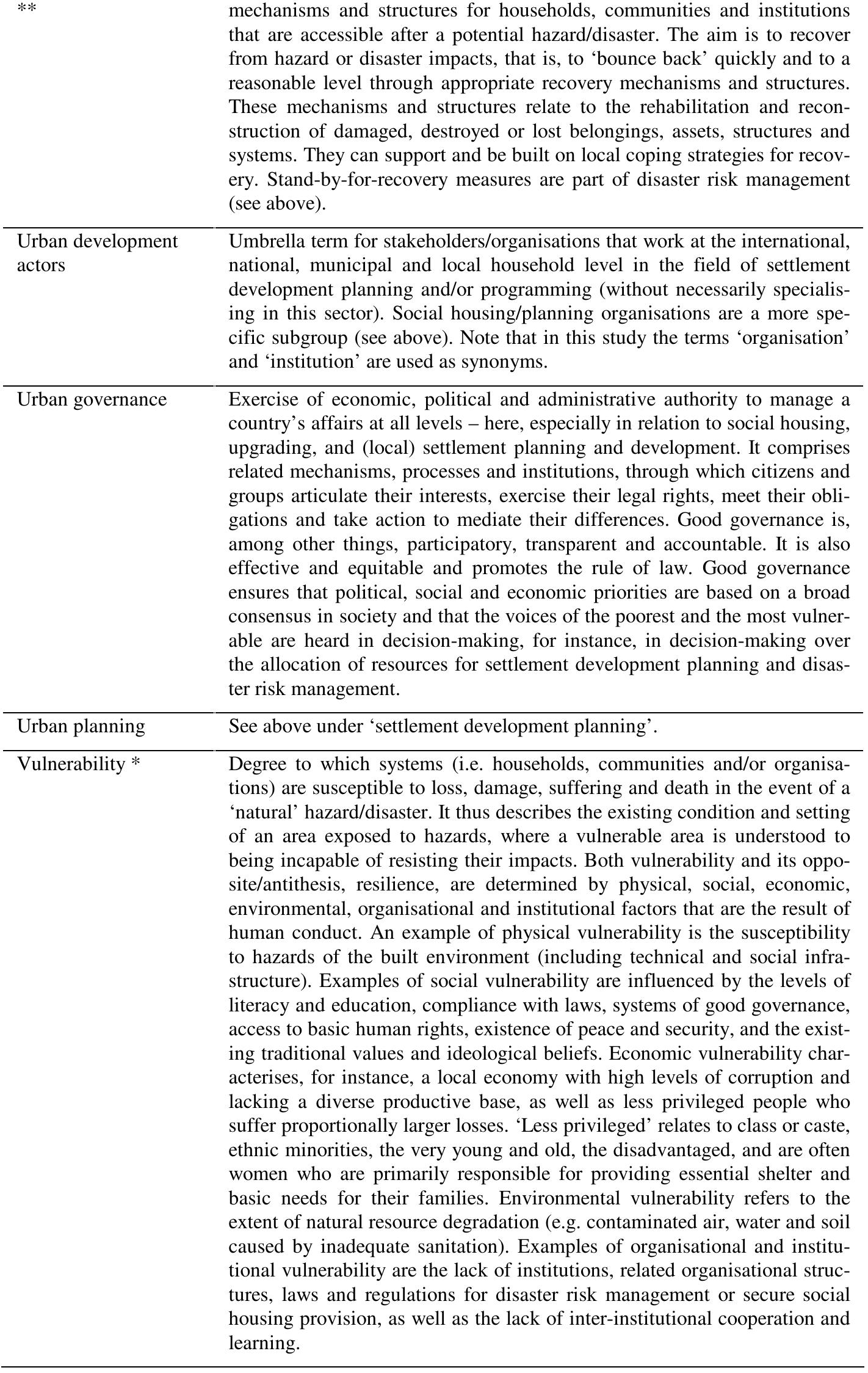 Table 12 - Managing urban disaster risk: analysis and