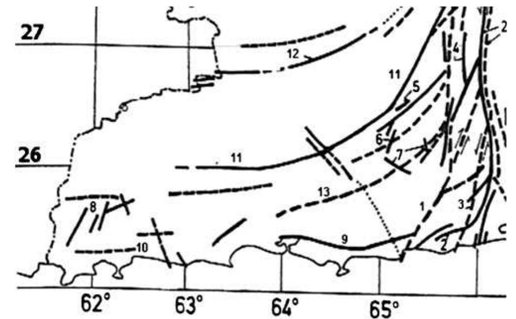 Faults of the makran coastal region. ras melan fault (/),