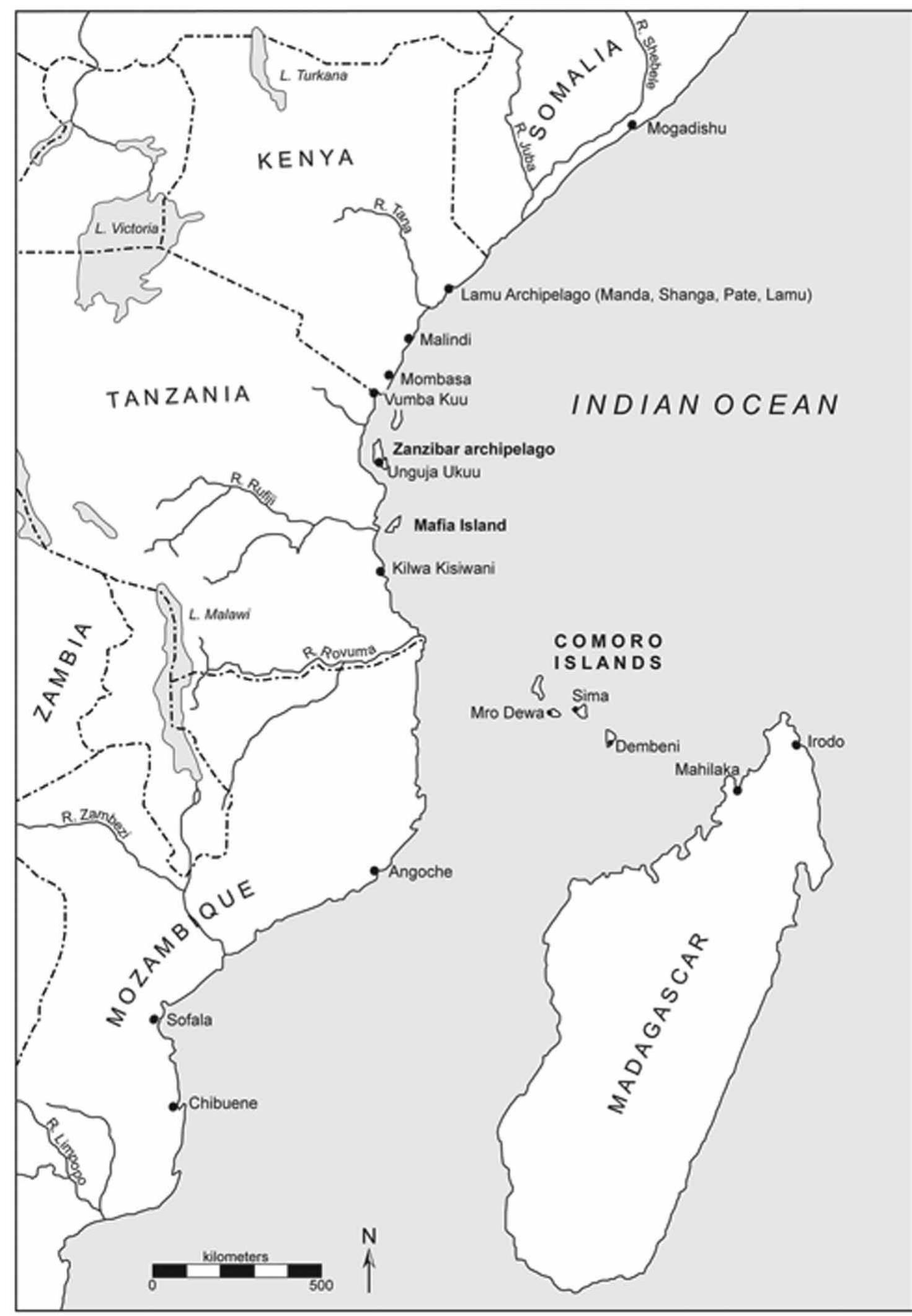 Map of the swahili coast showing the location of vumba kuu.