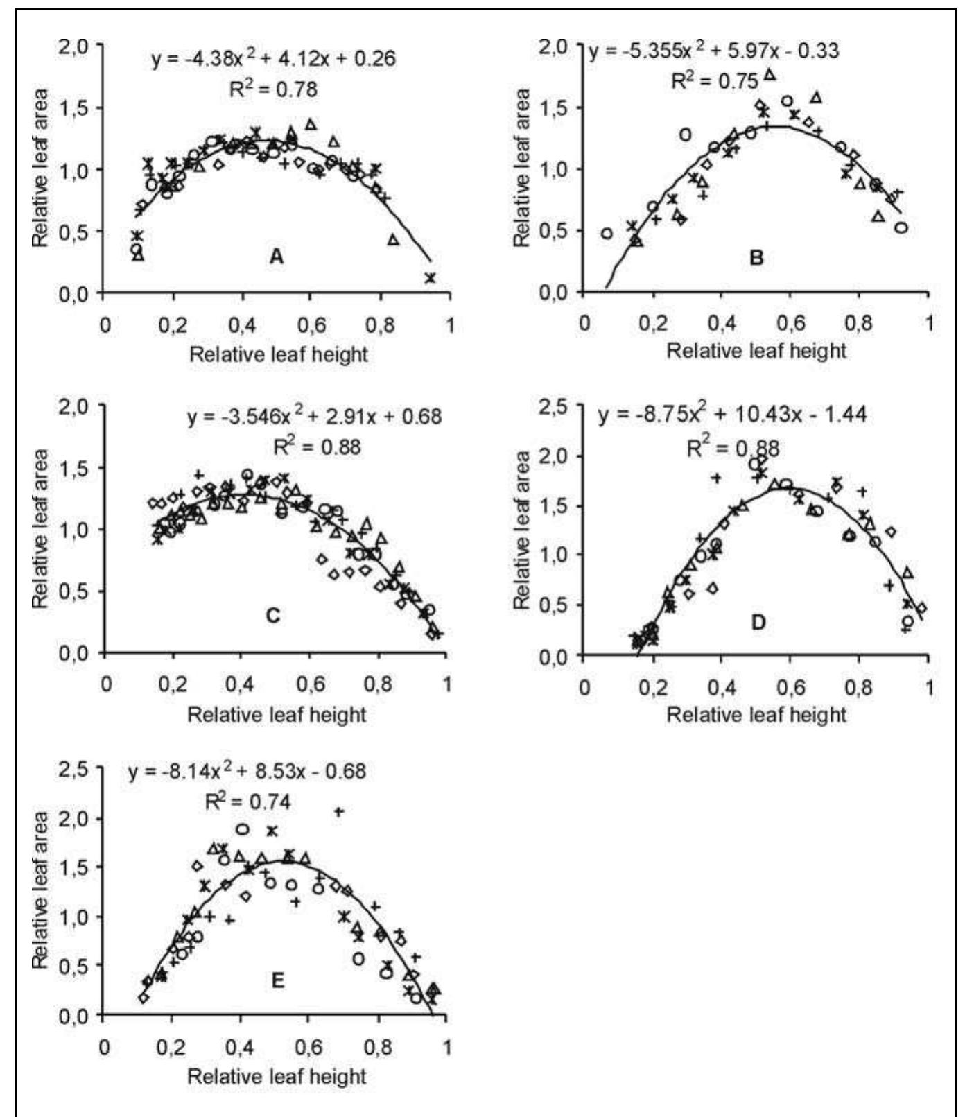 Leaf area distribution pattern for the five plants measured