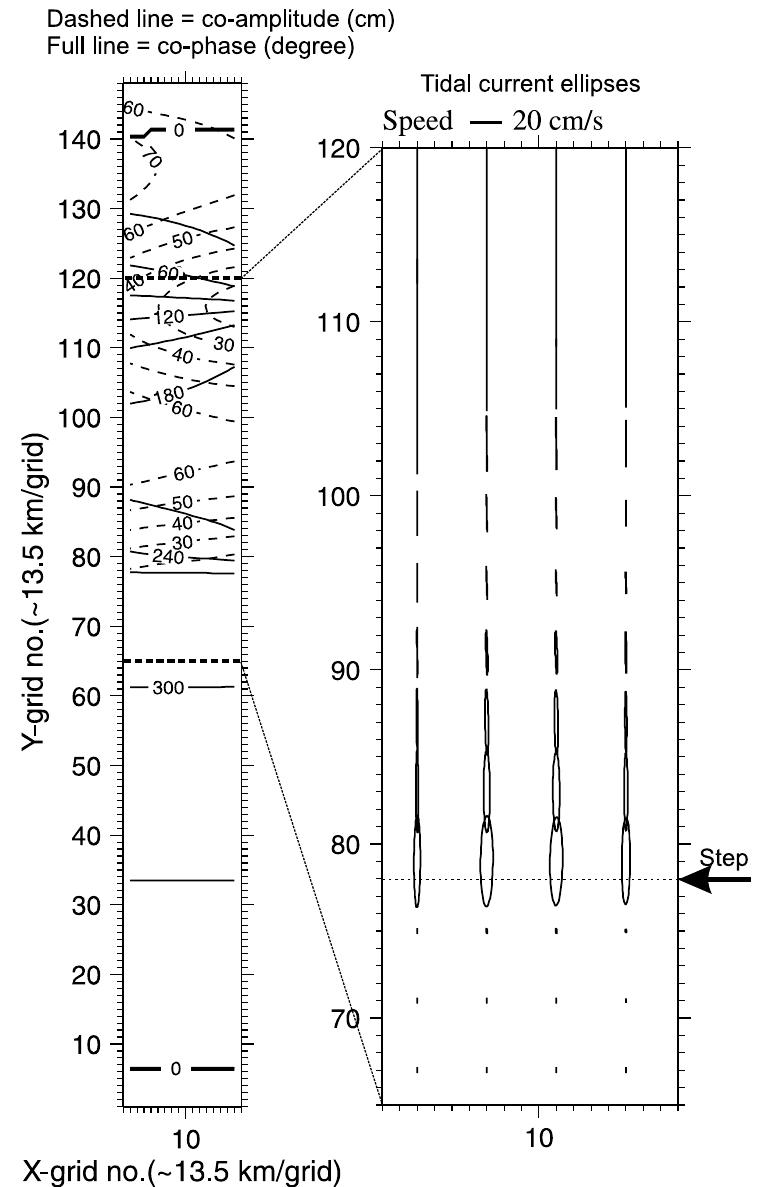 Co-tidal chart (left) and tidal ellipses (right) of a pro-