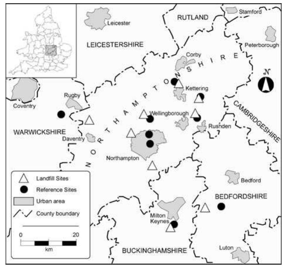 Location of selected landfill sites and reference sites used