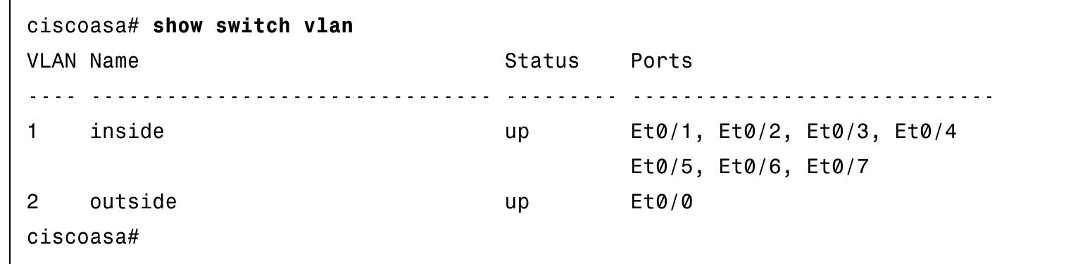 Example 3-4 displaying the asa 5505 interface-to-vlan