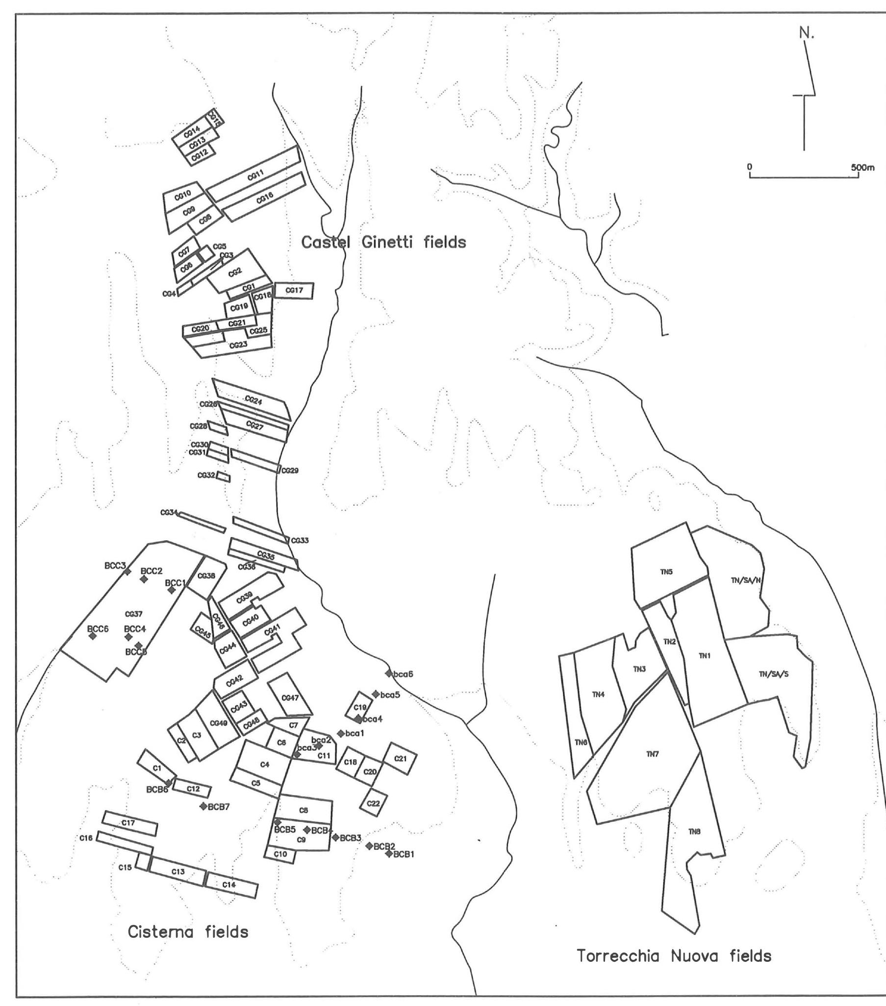 Map of the surveyed fields showing fieldnumbers.