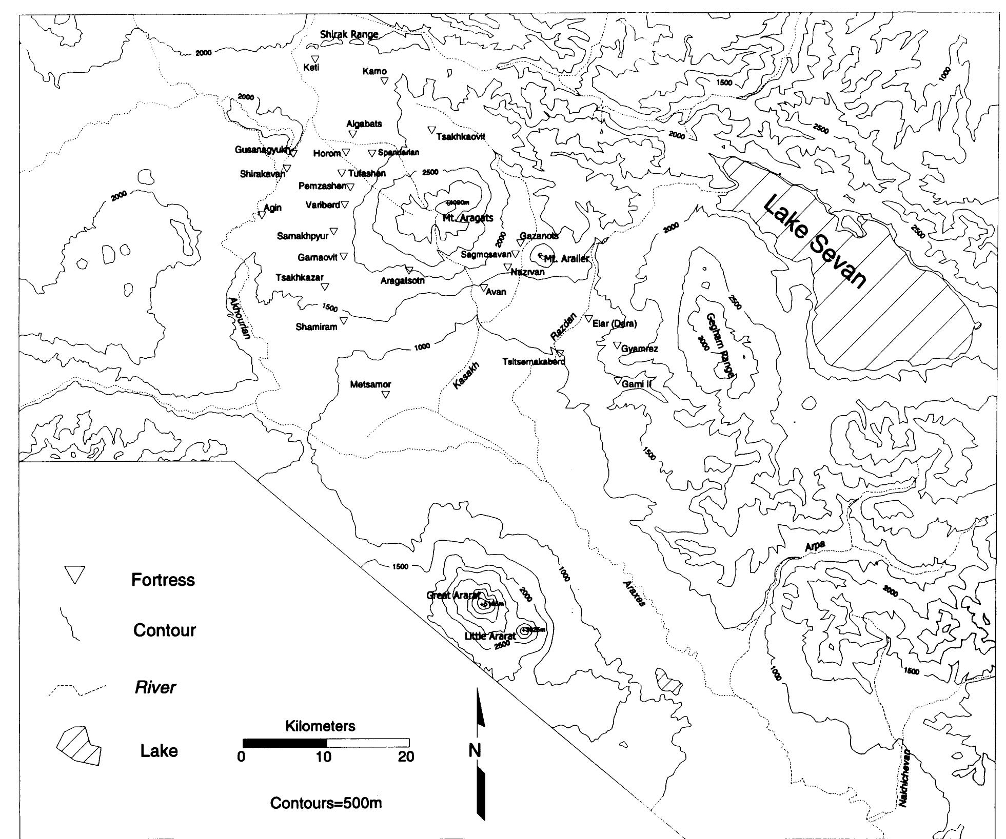 Distribution of early iron age fortresses on the ararat and