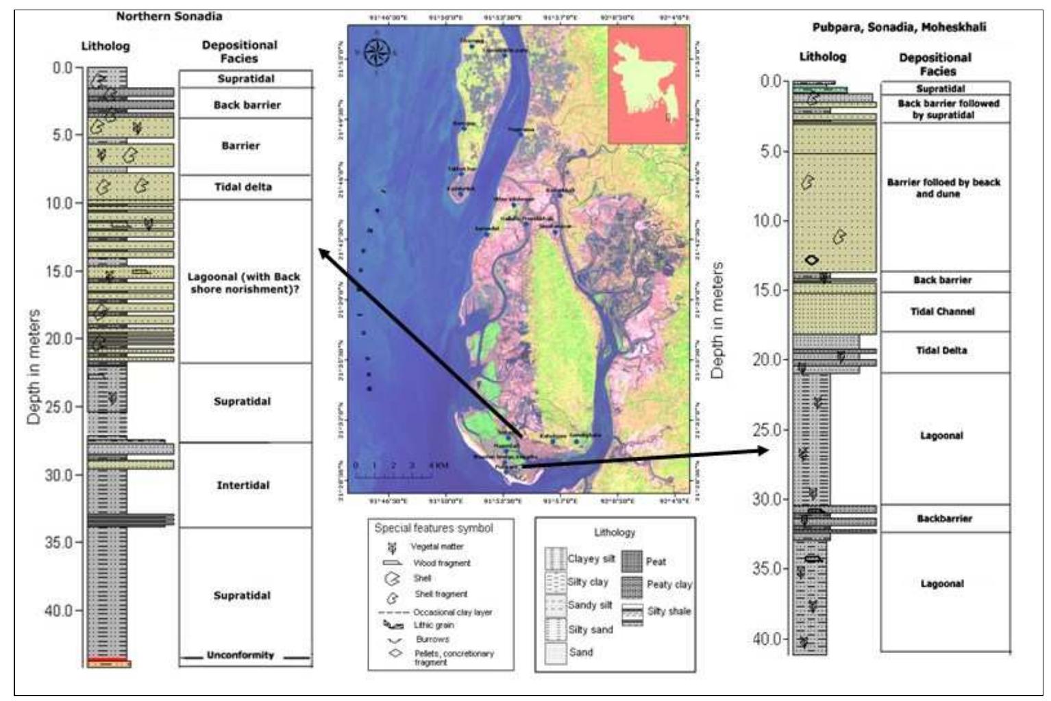 Vertical logs (depth in meters are not in same scale) at two