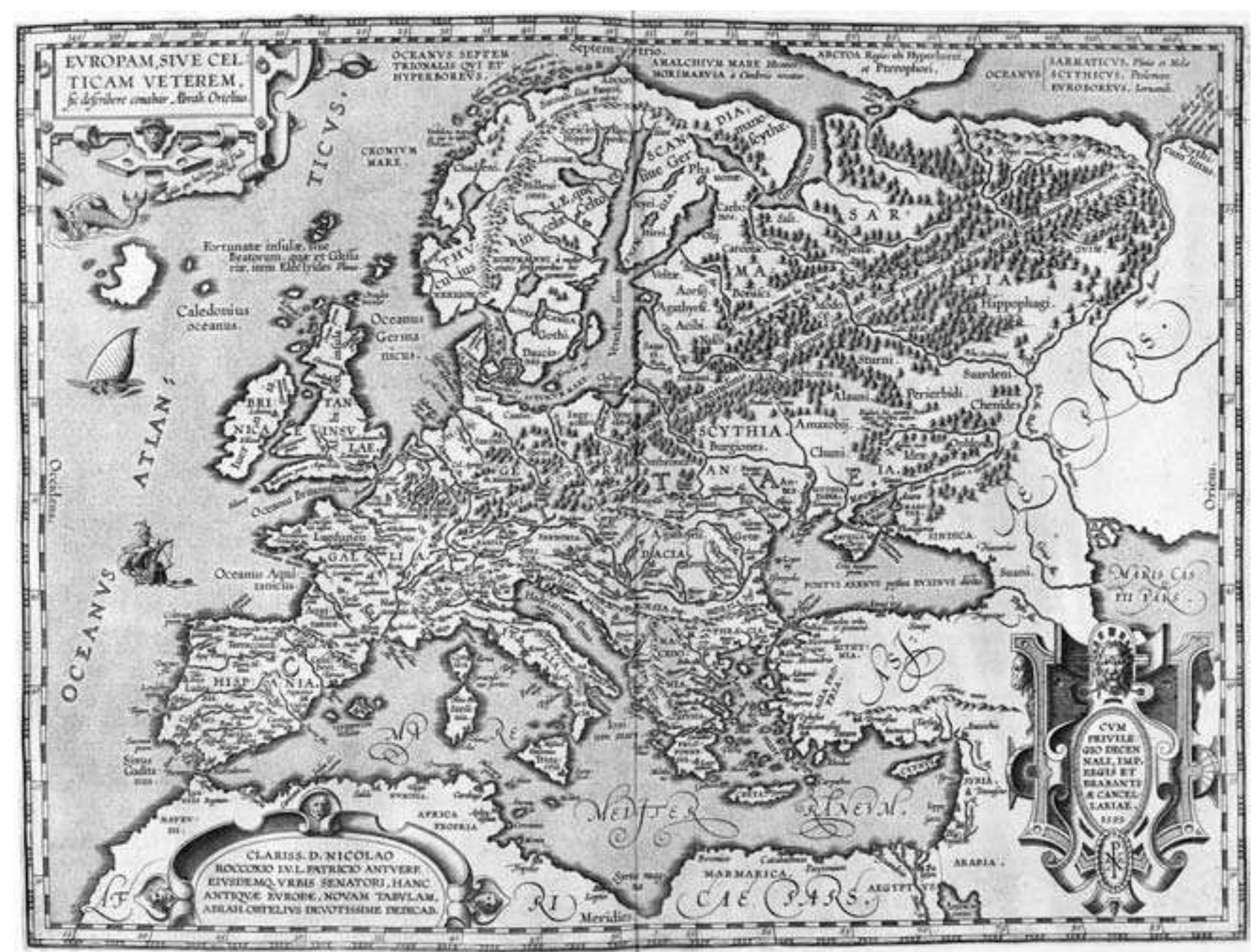 19. map of europe from ortelius’s parer- gon. size of the