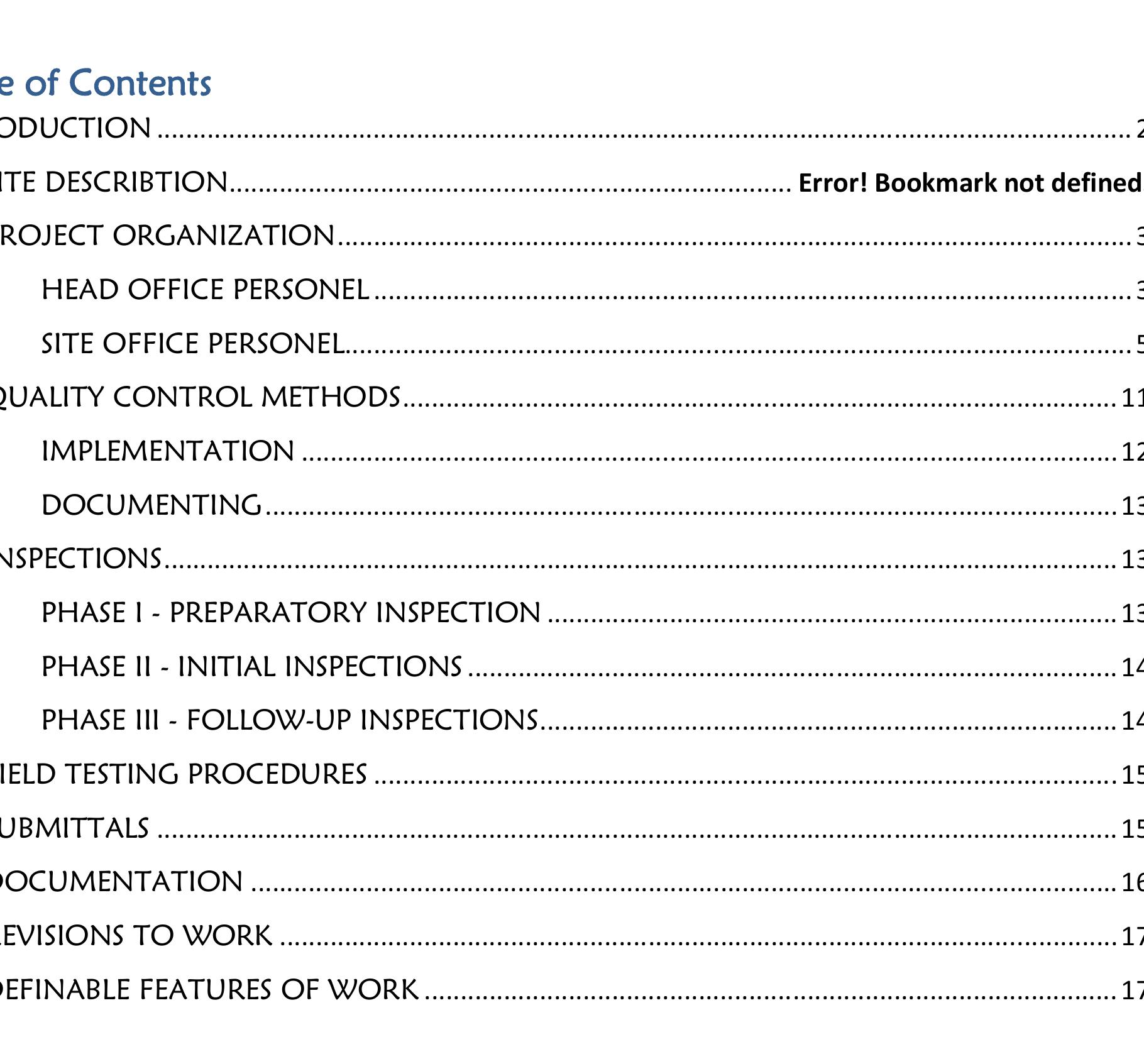 Table 1 - Construction Quality Control Plan