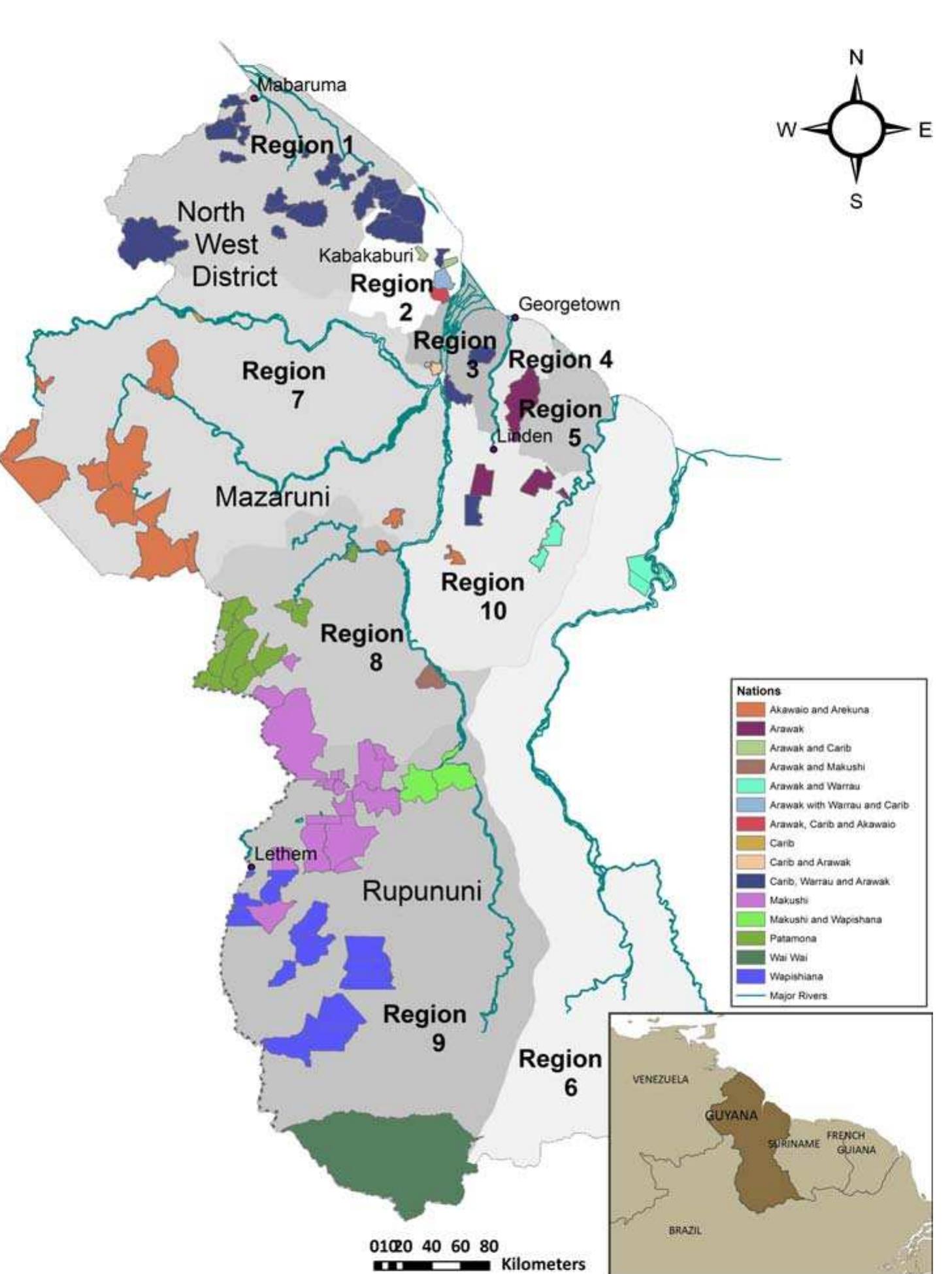Map of guyana showing 10 administrative regions, formally