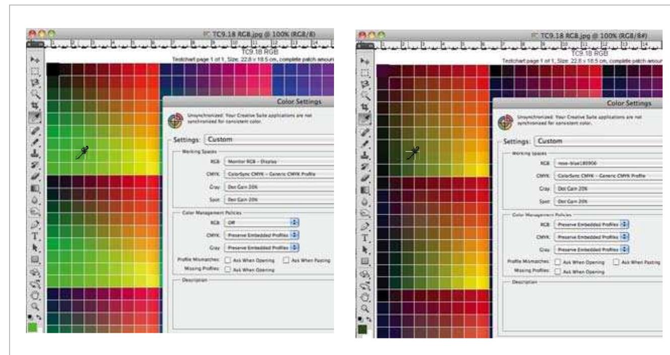 Left: a section of the color chart showing the original cmyk
