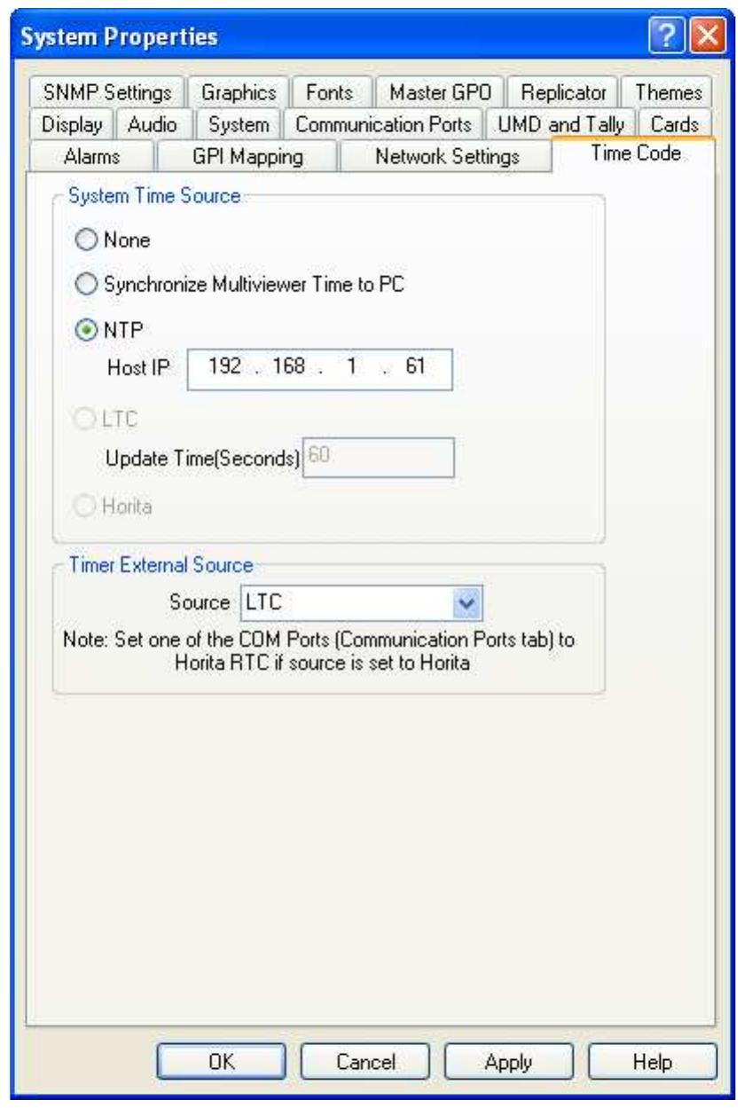 The time code tab allows the multiviewer system time to be