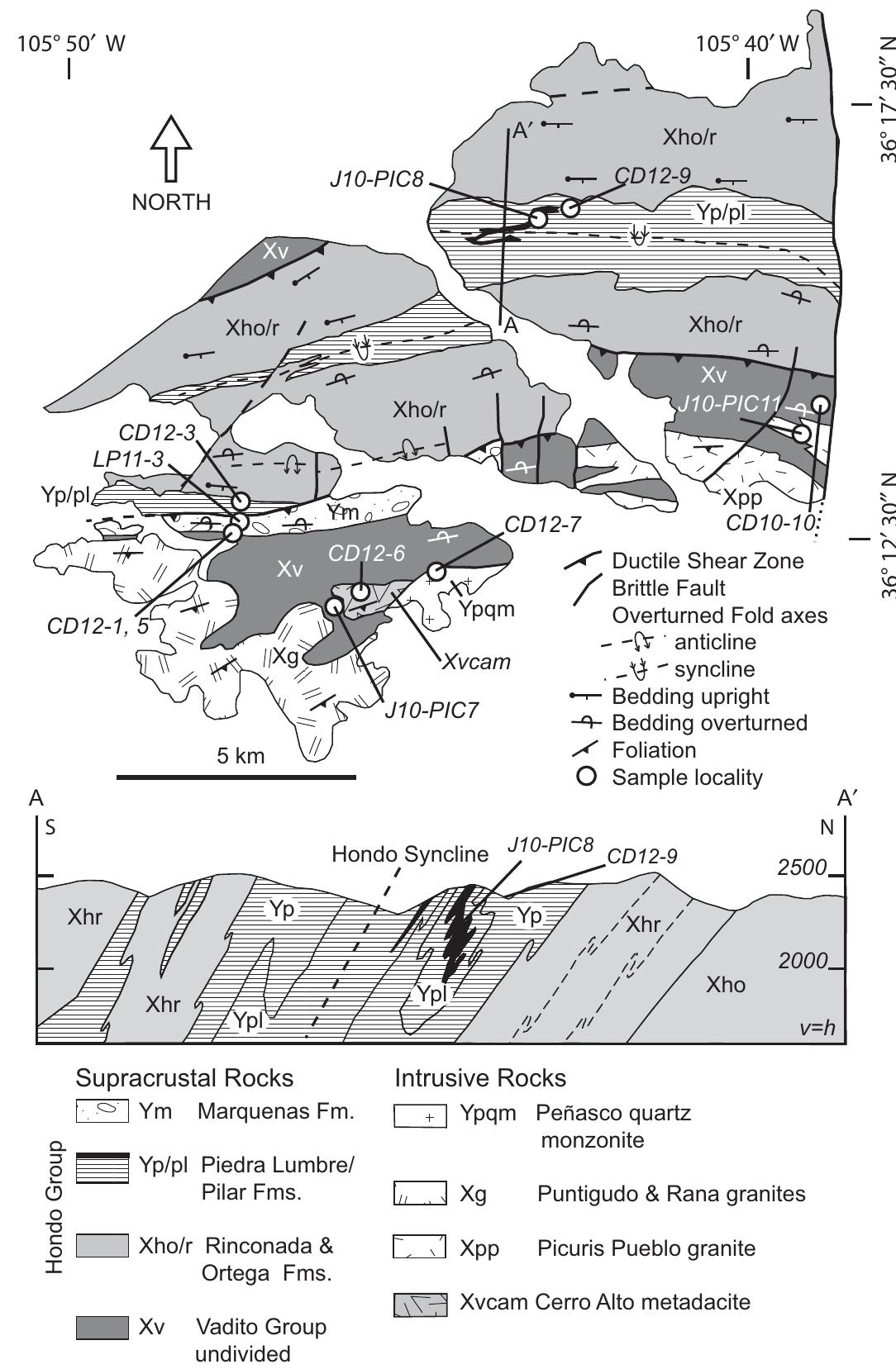 Simplified geologic map and cross section of the picuris