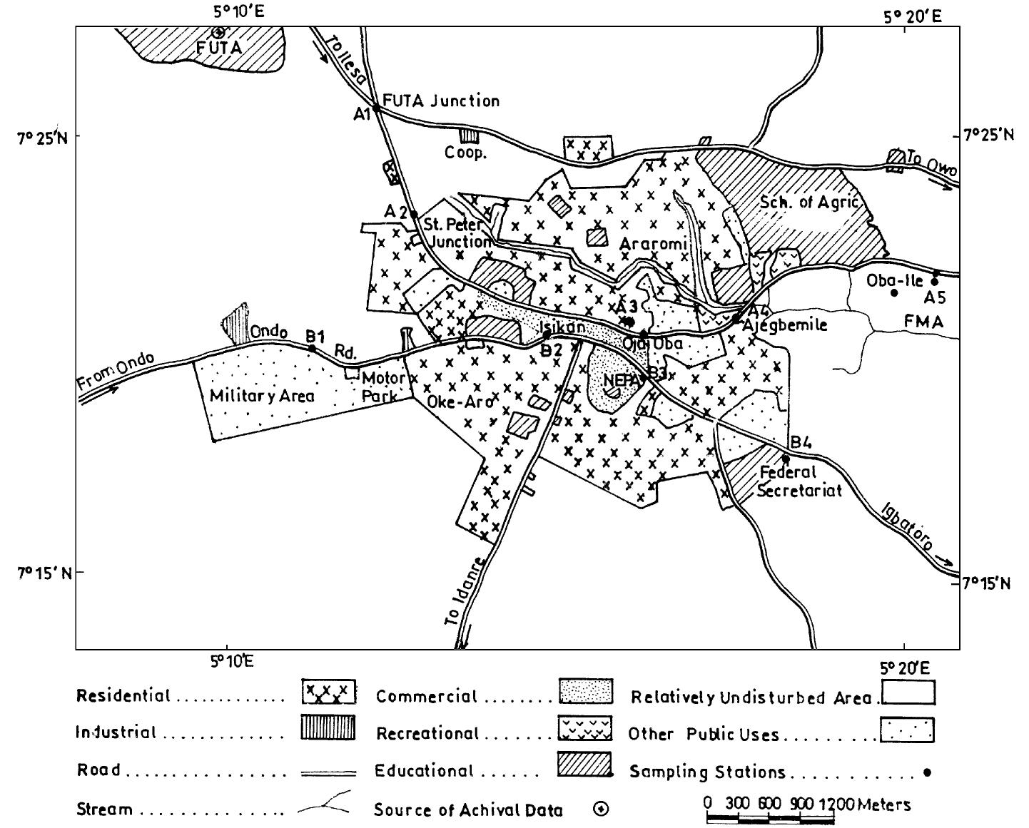 Land use map of akure showing sampling stations. field data