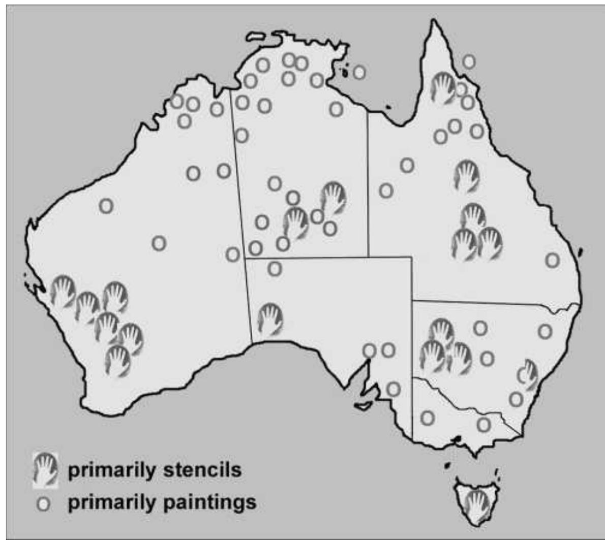 Rock art areas of australia hand stencils dominate.