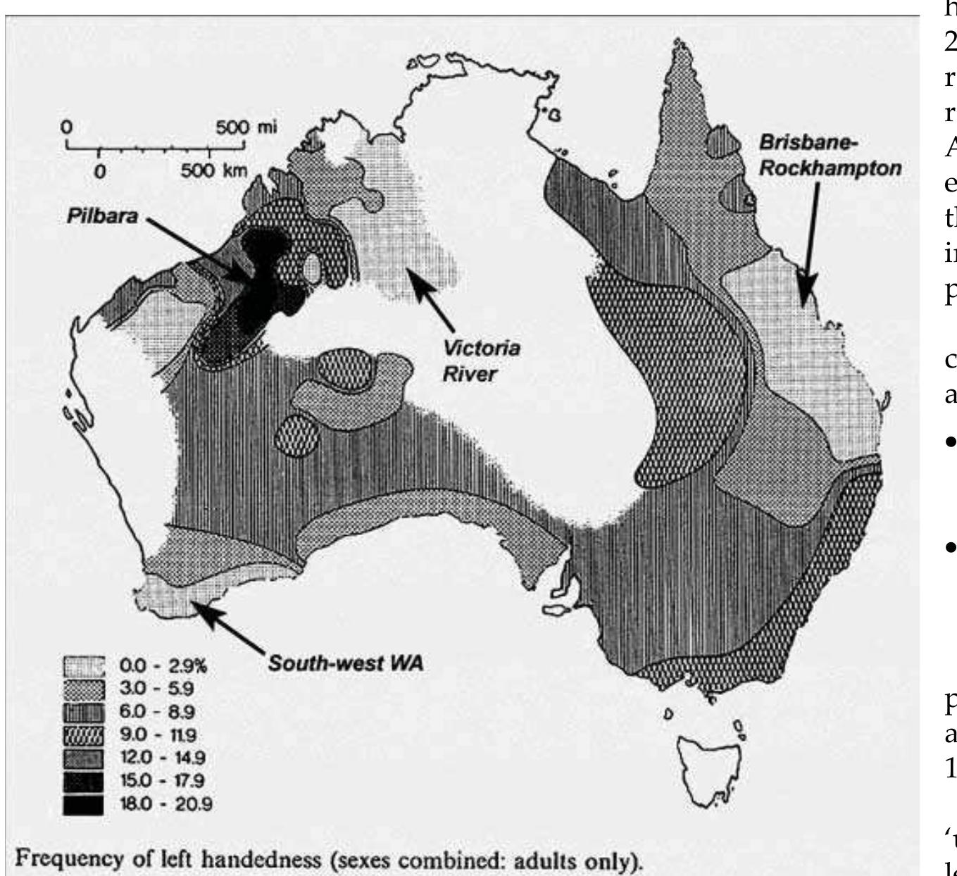 Birdsell’s map of left-handedness in indigenous populations.