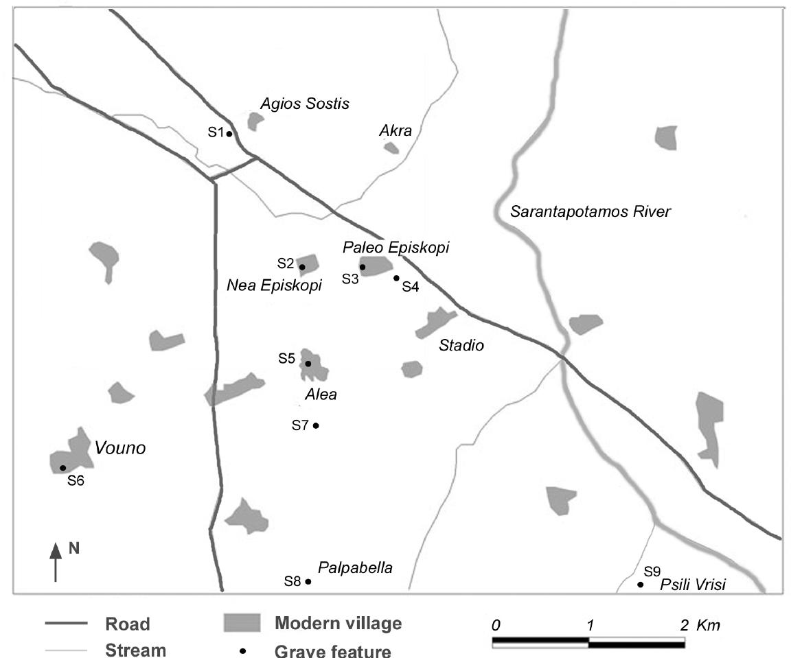 The locations of the graves of tegea. the extension of the