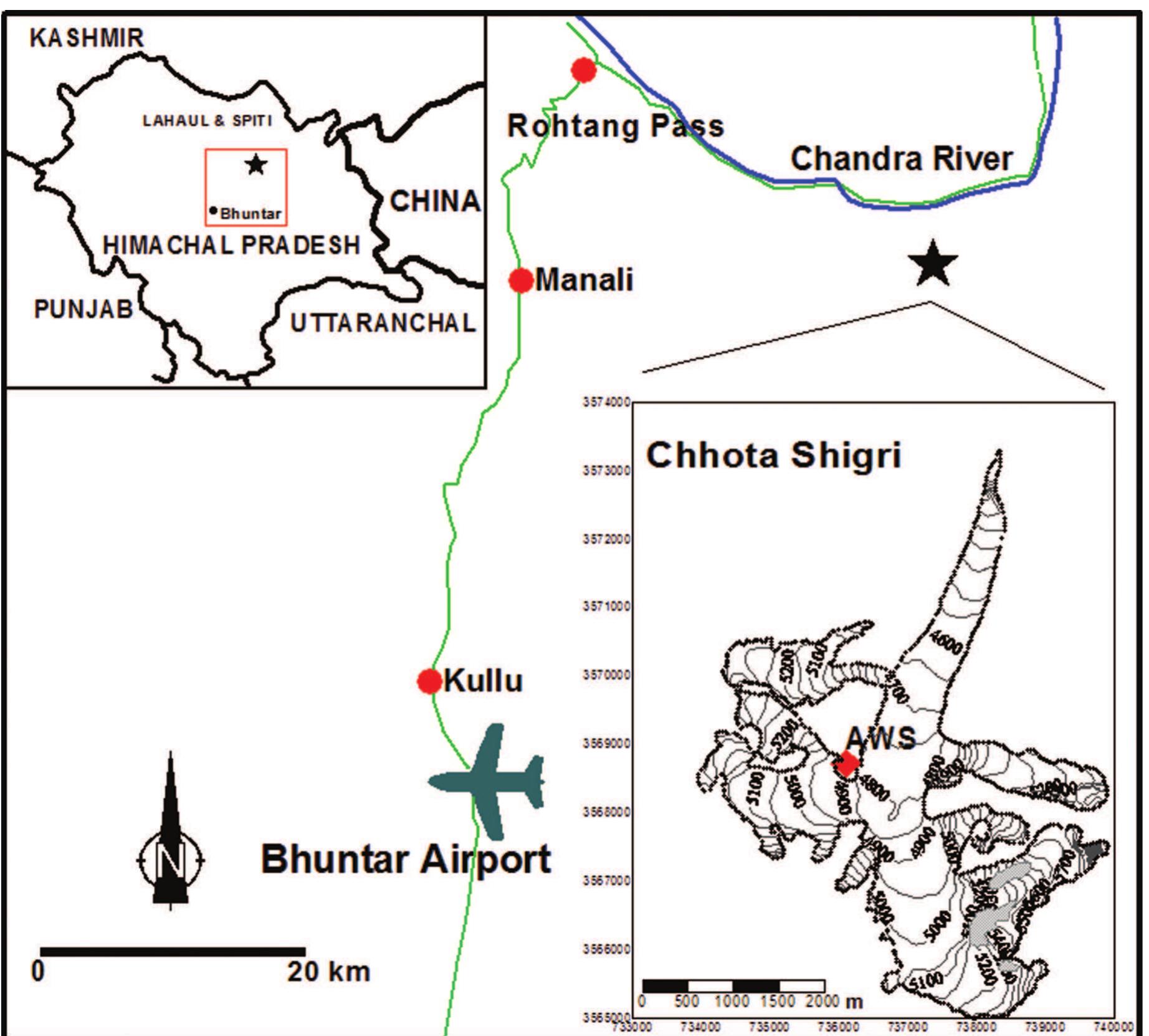 Location map of chhota shigri glacier and its surroundings.