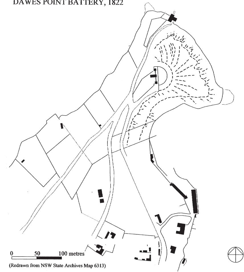 Dawes point battery in 1822. redrawn from a map in the new