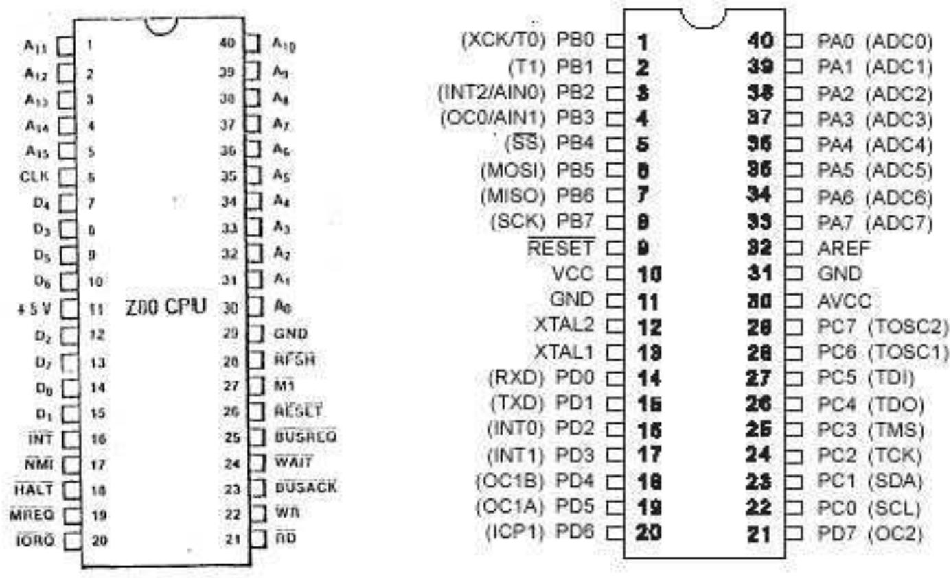 3: pinouts of the z80 processor (left) and the atmega16