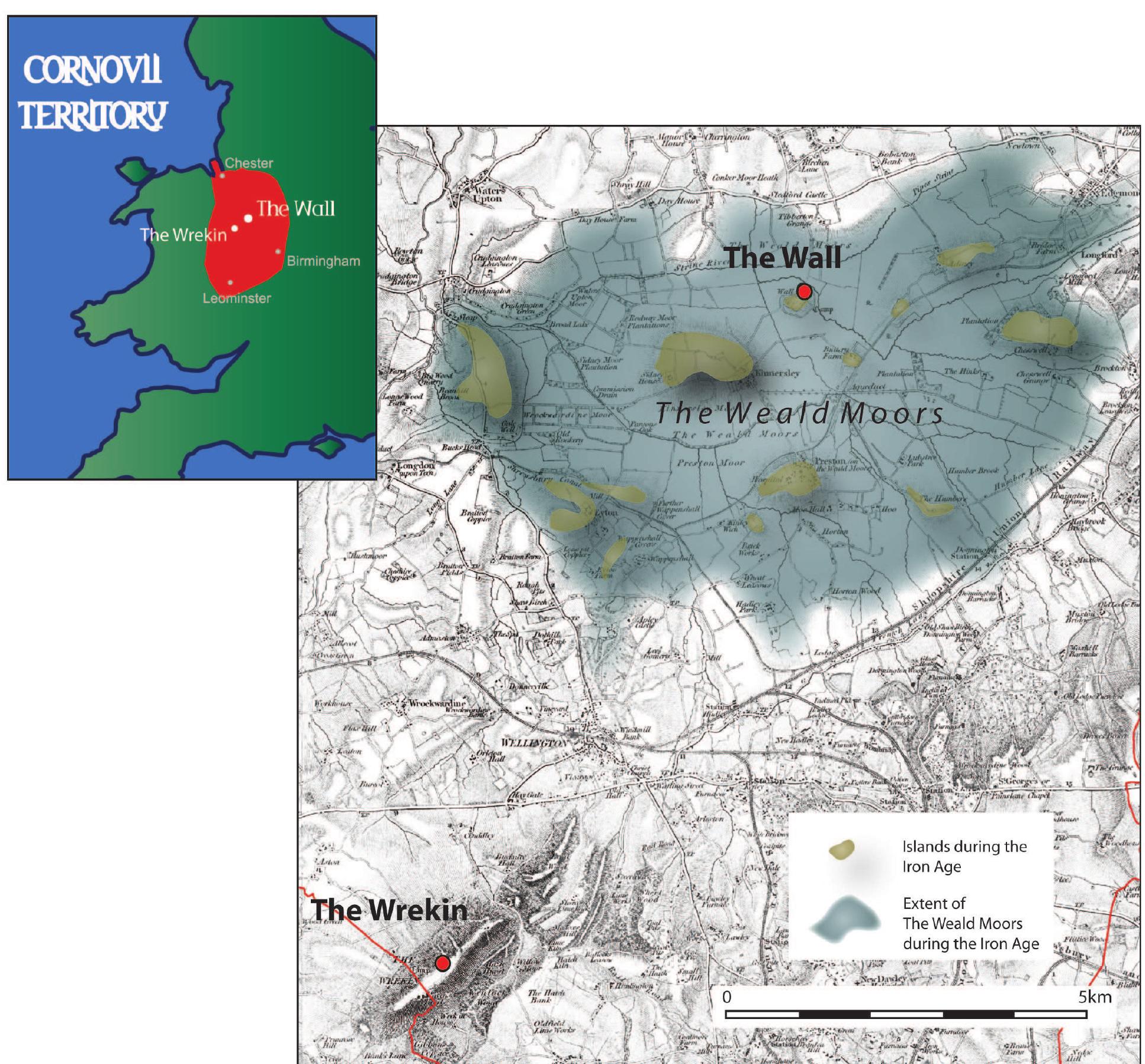 Location map showing the wall on its island within the weald