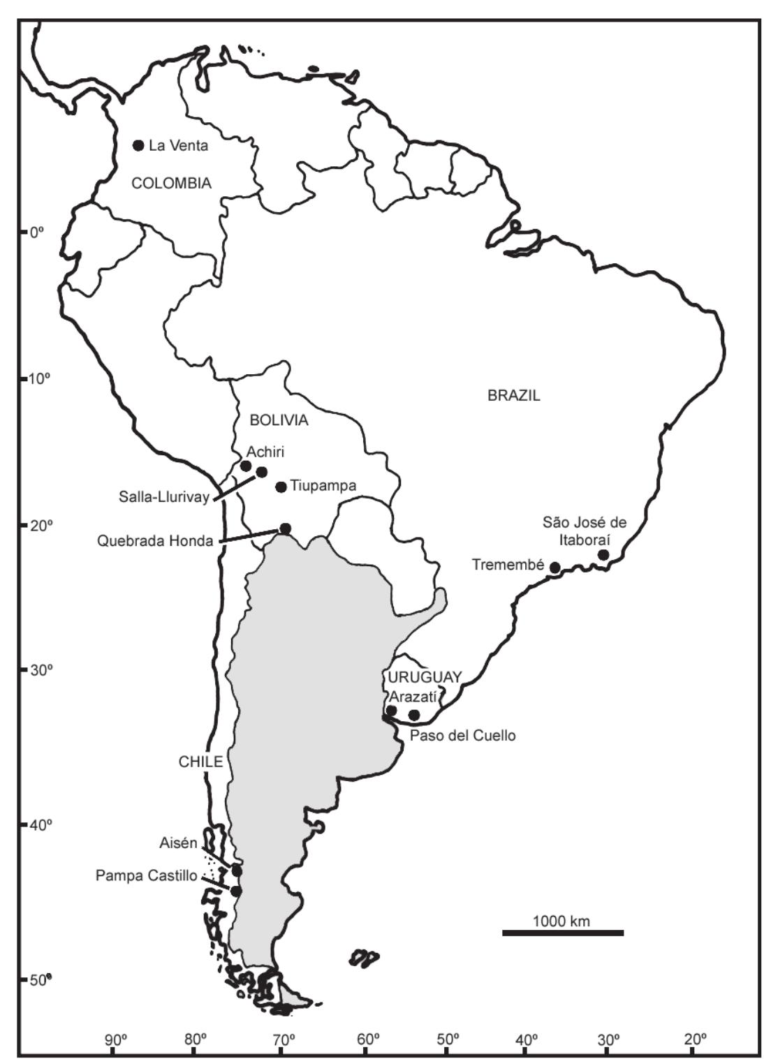 Geographical map of south america showing the localities
