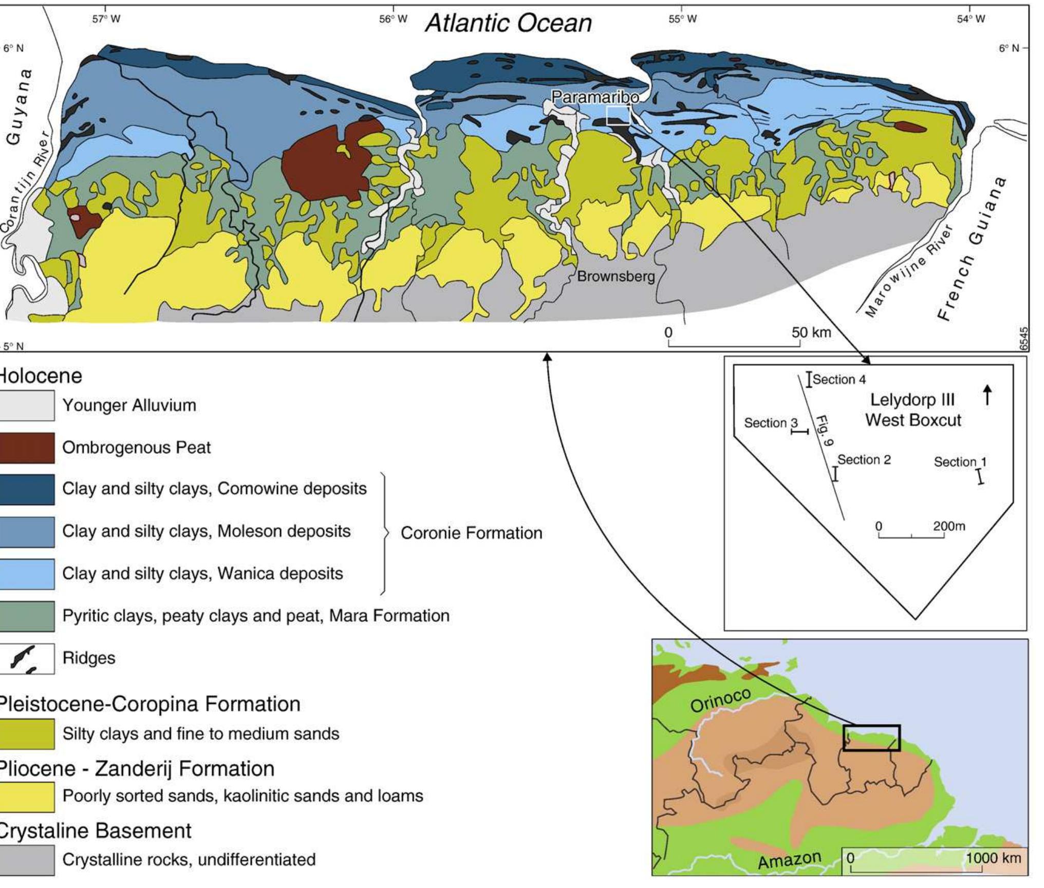 Geological map of the coastal plain of suriname. note the