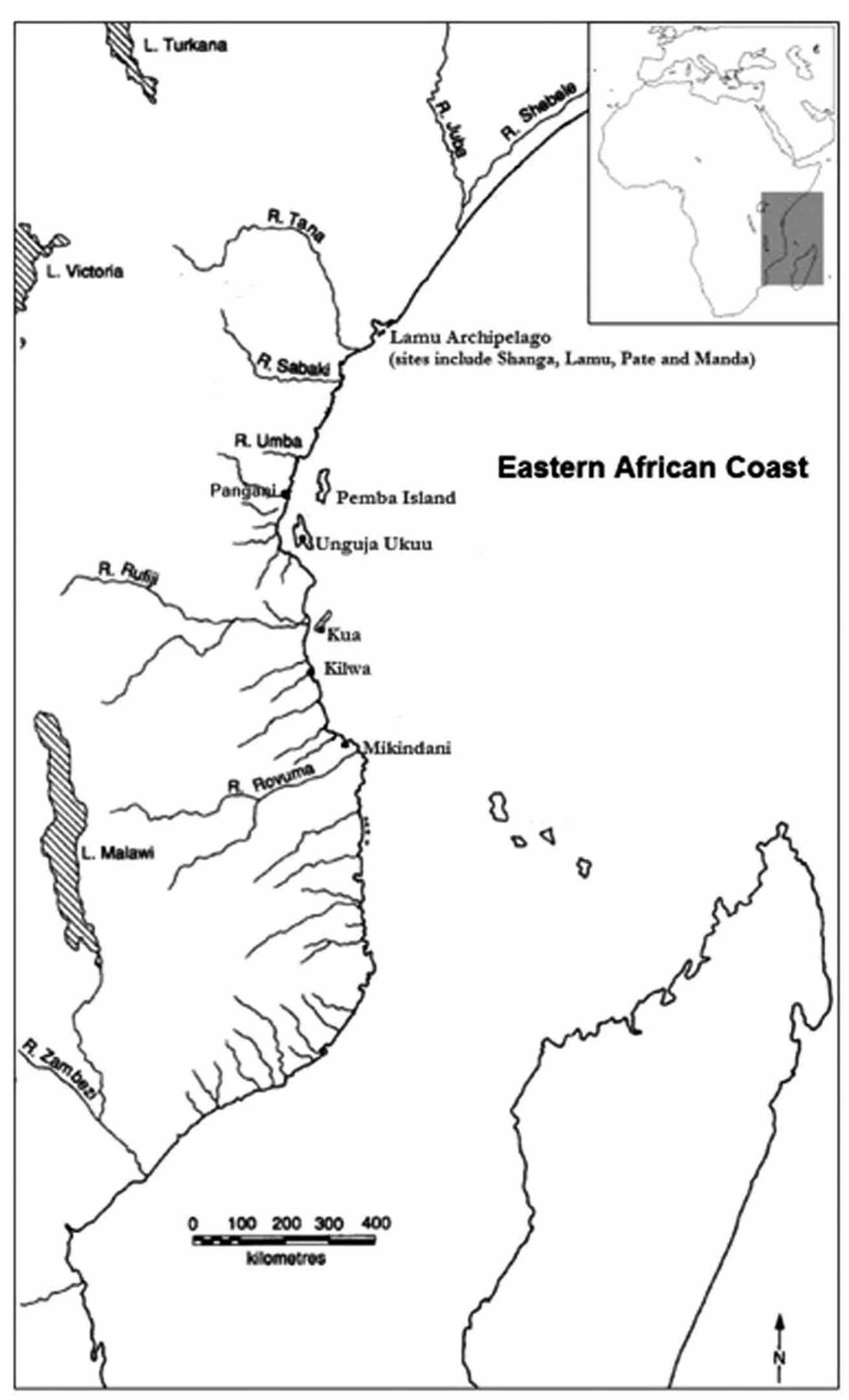 Map of the east african coast showing mikindani and other