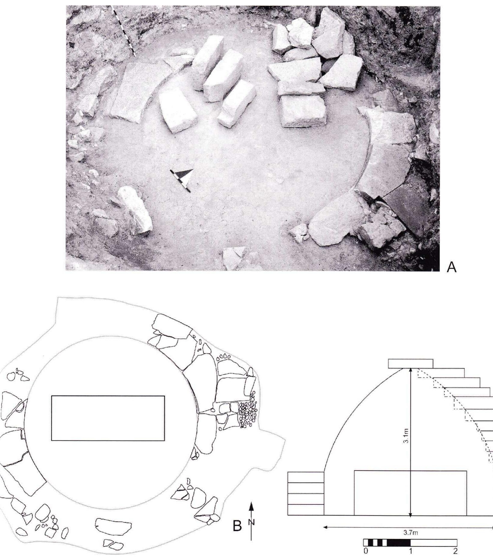 A. the foundations of the tomb chamber in situ. b. plan of