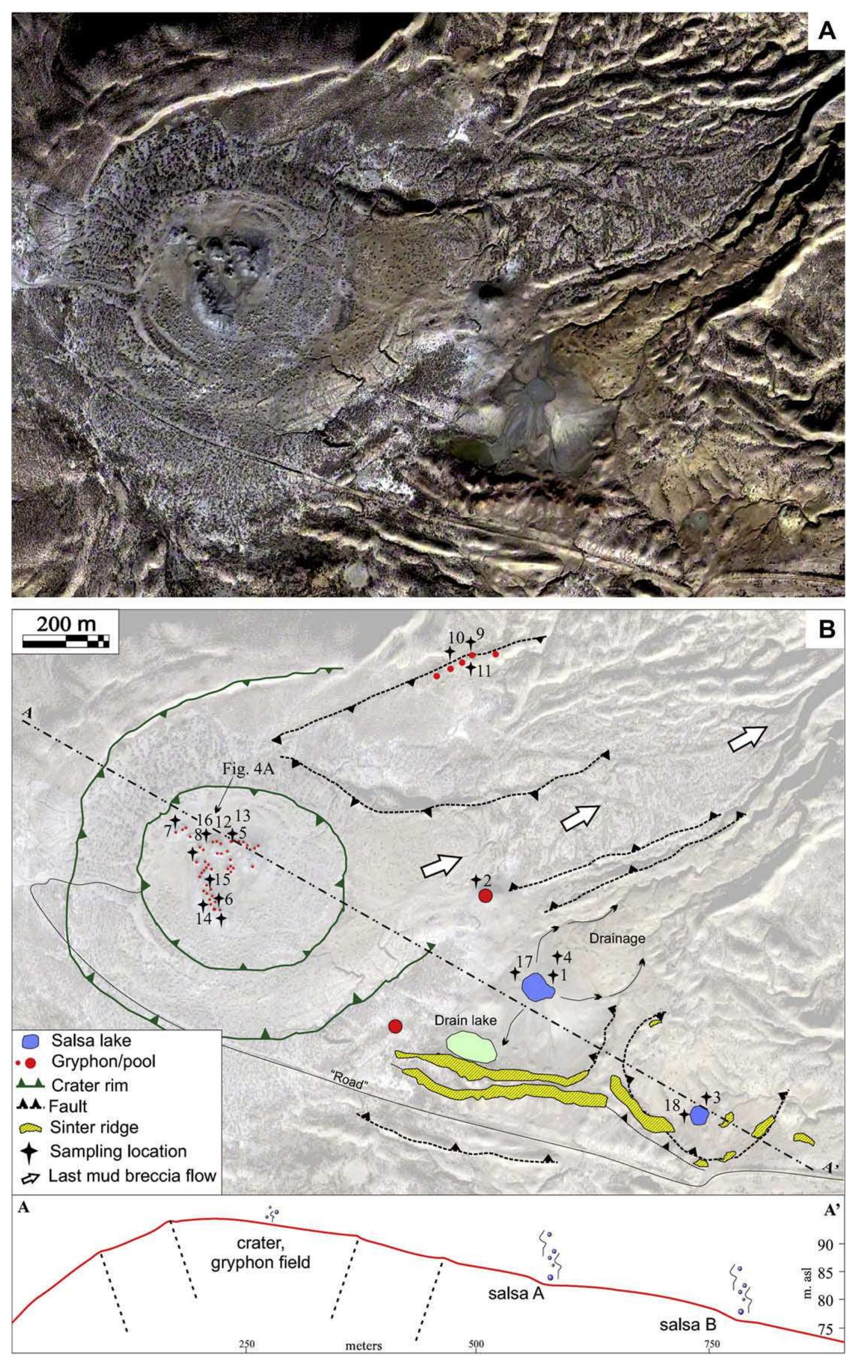 (a) detailed satellite image of the crater region framed in