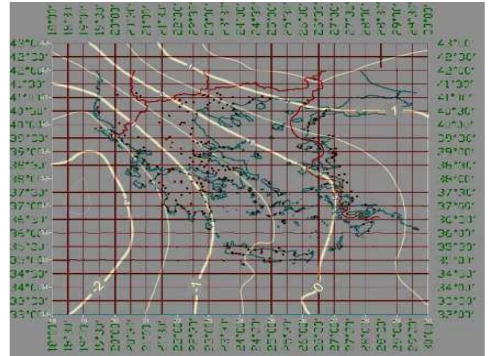 The isolines of latitude differences, in degrees, between
