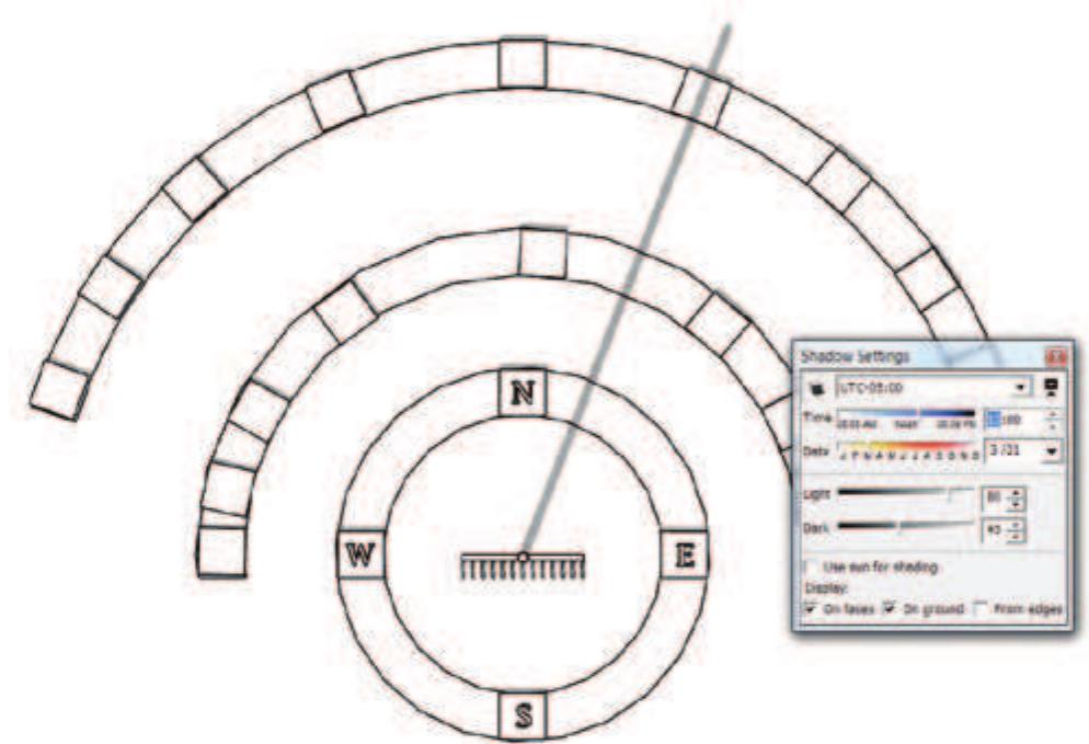 28: plan view of the sundial with the shadow settings window