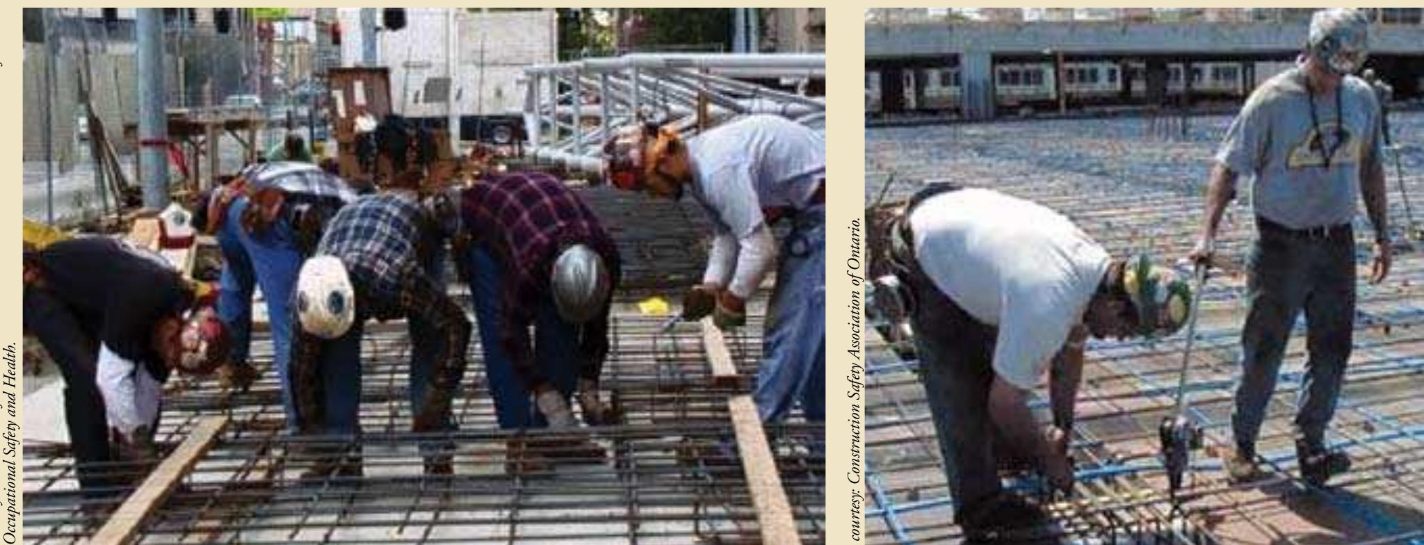 Manual rebar tying (left) vs. use of an extended-handle