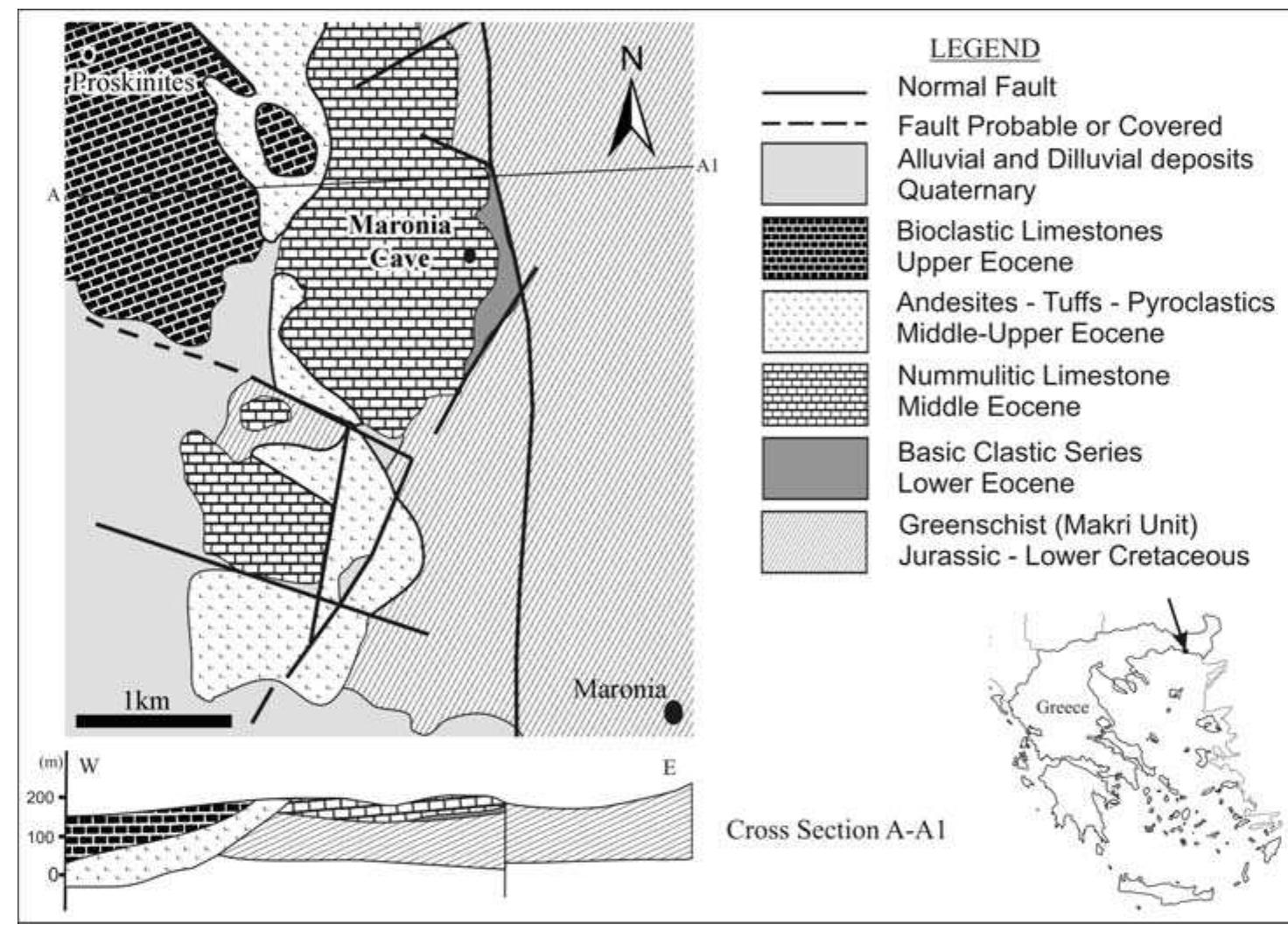 Geologic map and cross section of maronia cave surrounding