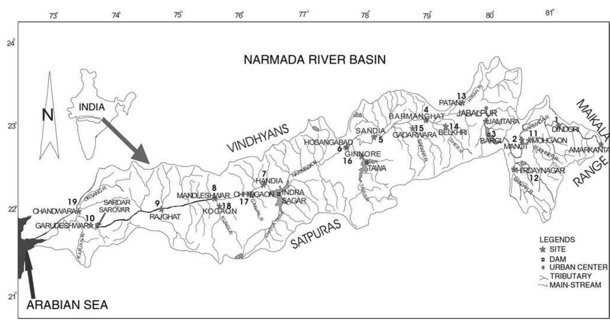 Location map of narmada river basin along with location